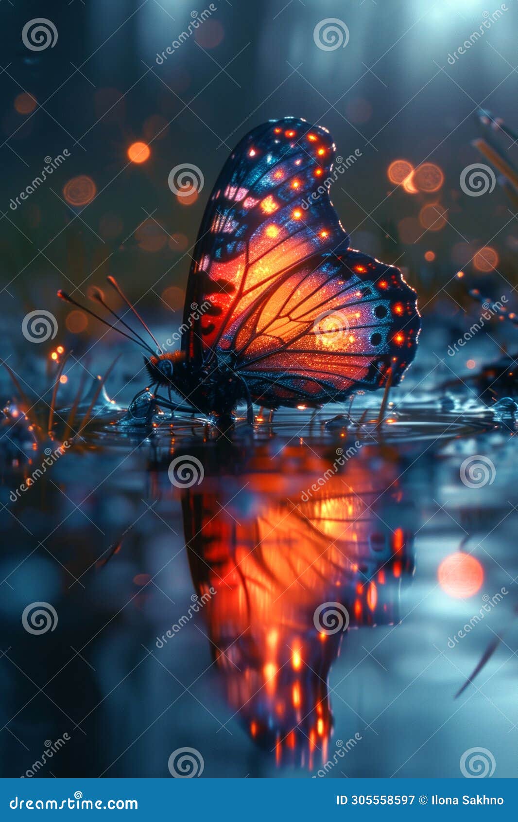 Butterfly Reflected in Water in the Sun Stock Illustration ...