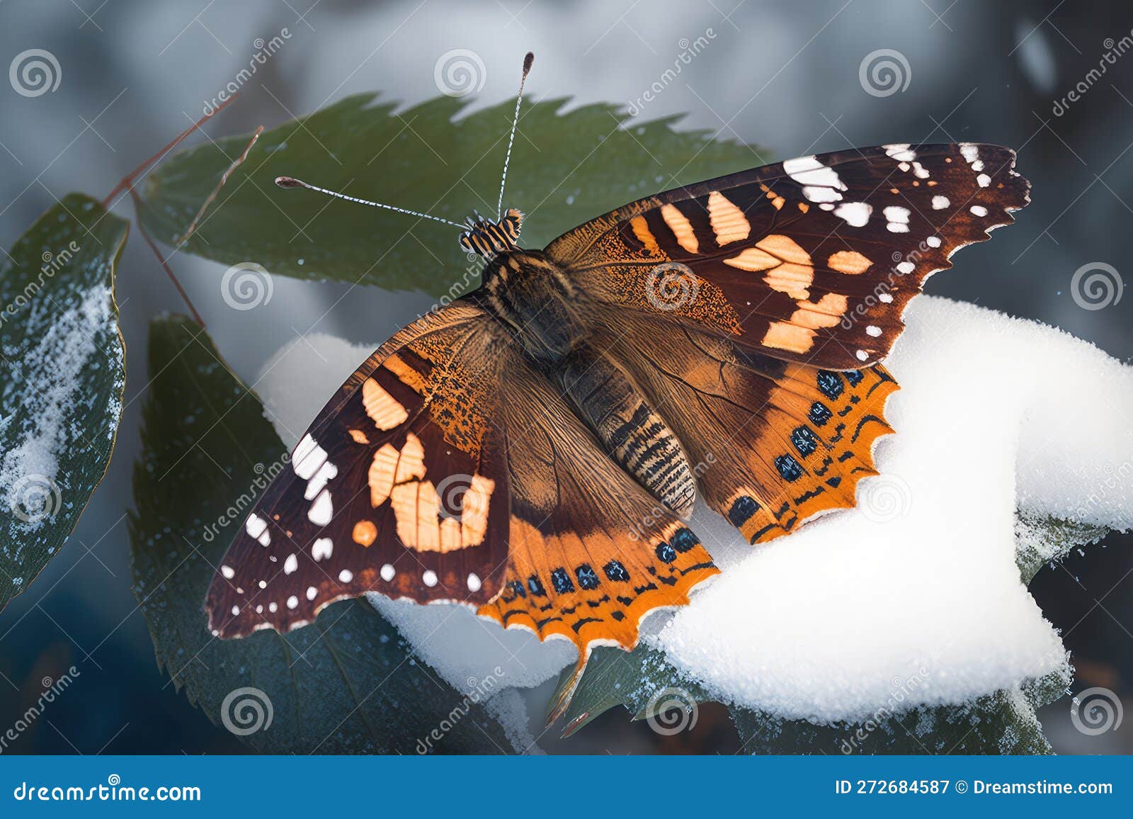 Butterfly Resting on Leaf, Surrounded by Snow Stock Image - Image of ...