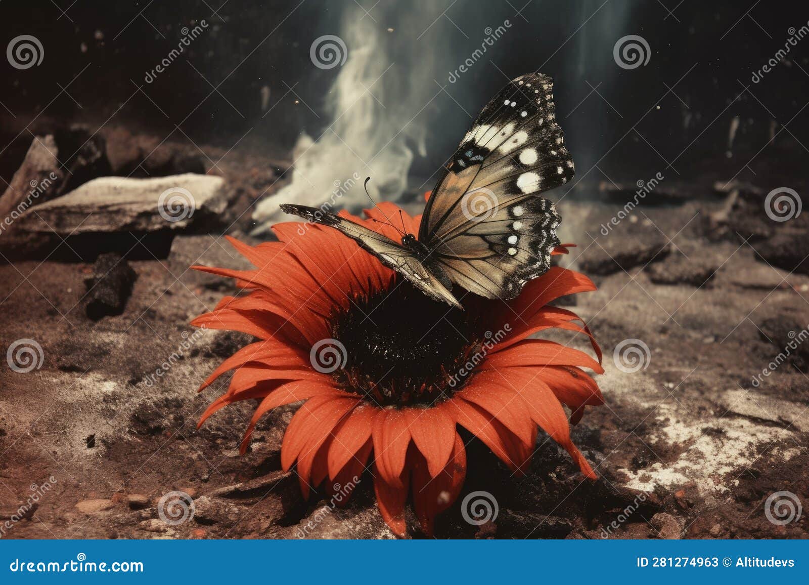A Butterfly Resting on a Surviving Flower Amidst Ashes Stock Image ...