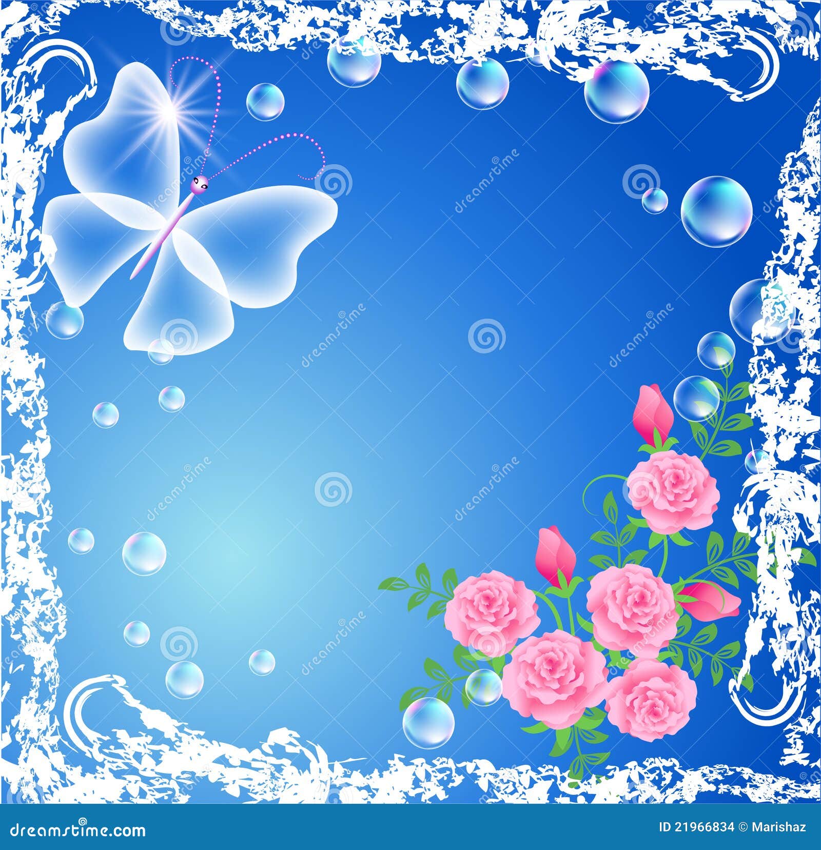 Butterfly, Roses and Bubbles in Grunge Frame Stock Vector ...