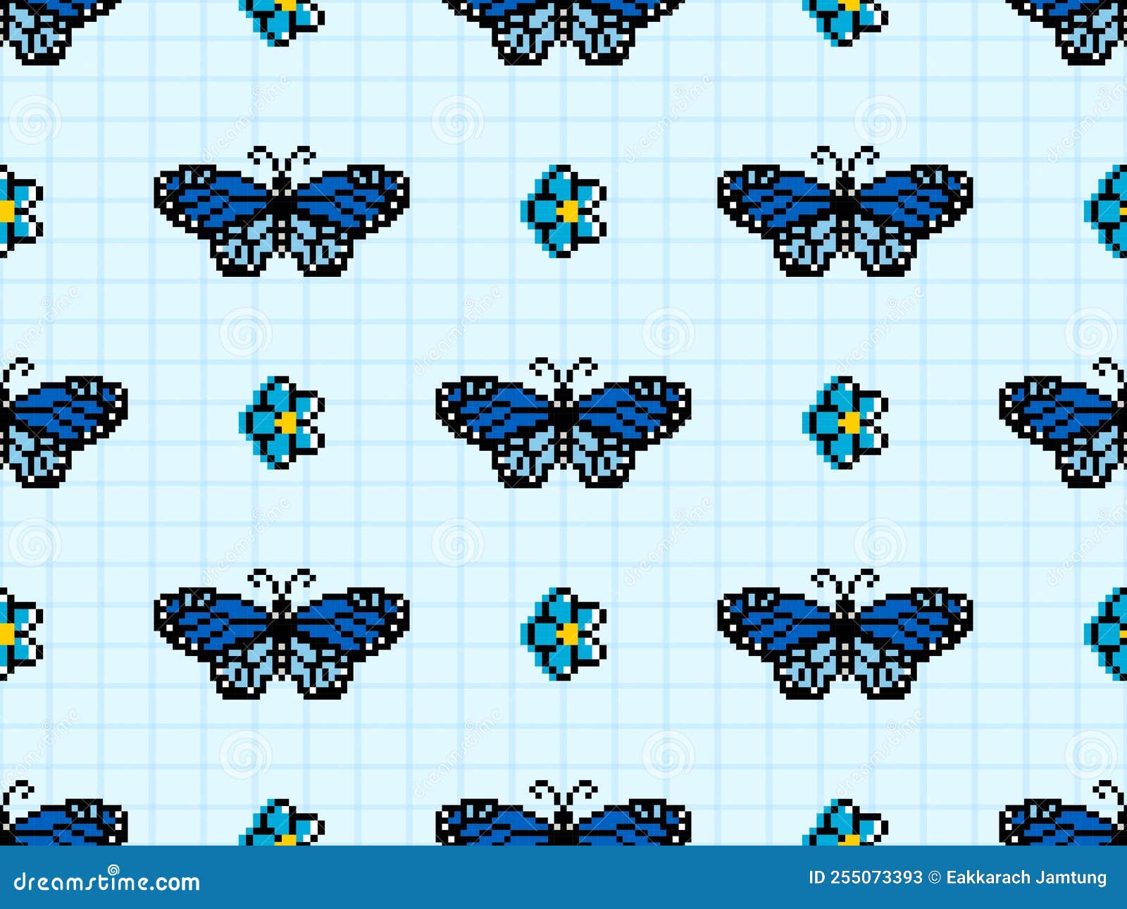 Butterfly Seamless Pattern on Blue Background. Pixel Style Stock ...