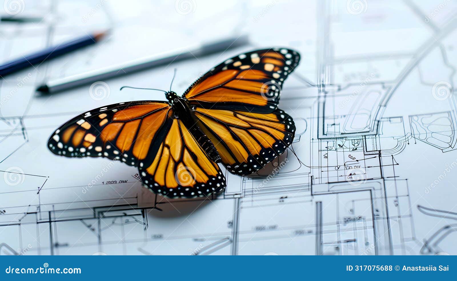A Butterfly Sits on a Blueprint Stock Photo - Image of resting ...