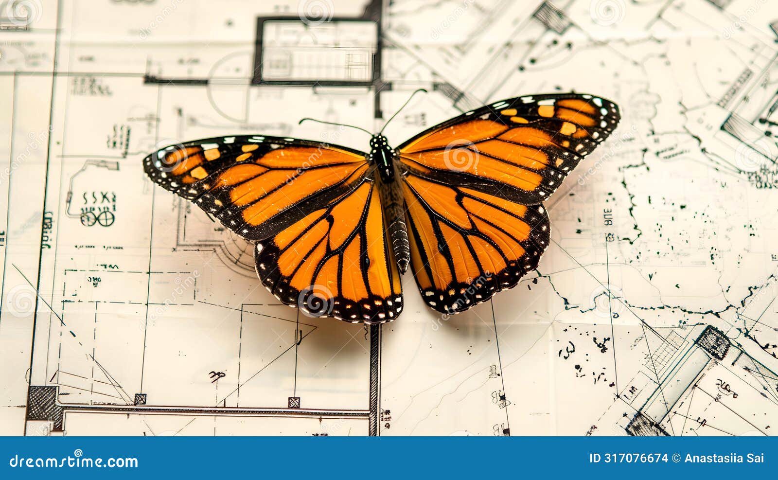 A Butterfly Sits on a Blueprint Stock Photo - Image of antennae ...