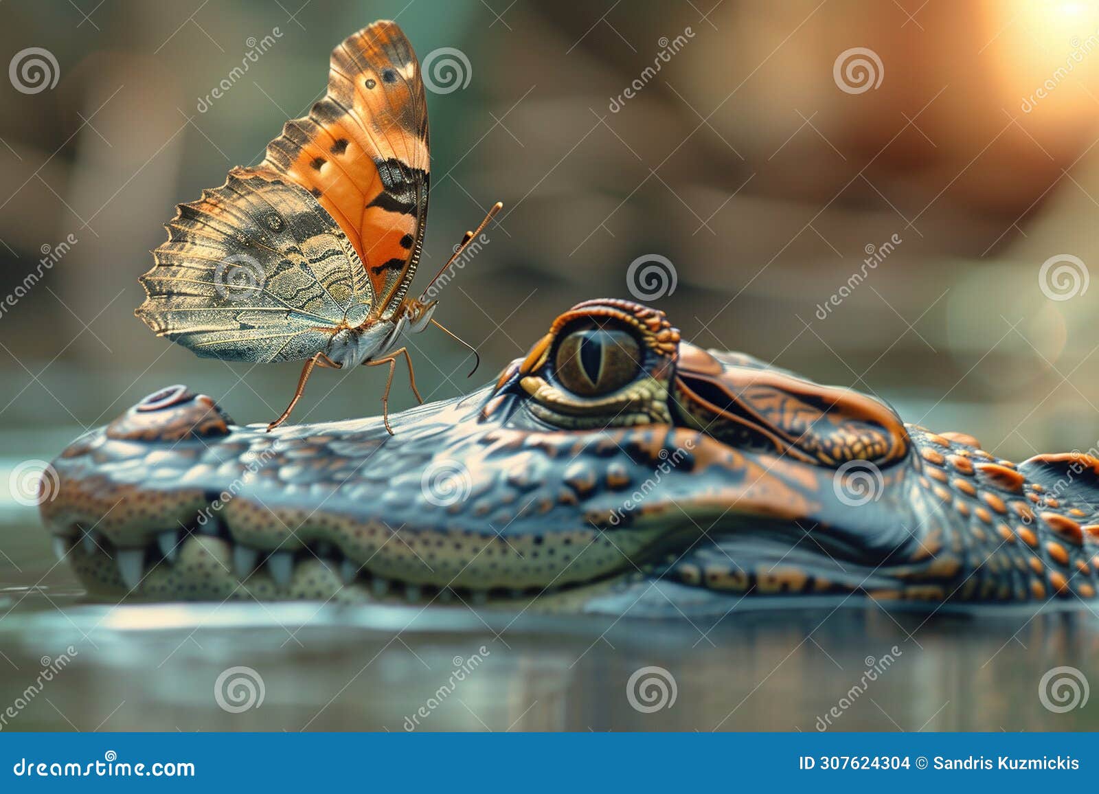 A Butterfly Stand on the Nose of a Crocodile. Generative AI Stock ...