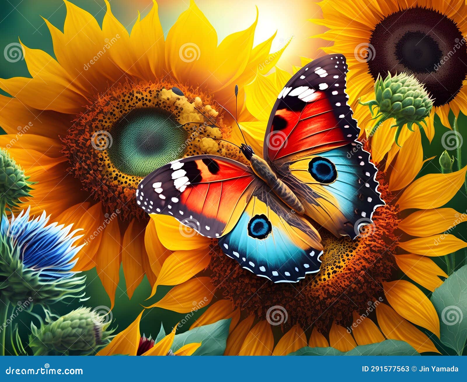 Butterfly on Sunflowers. Floral Background. Vector Illustration Stock ...
