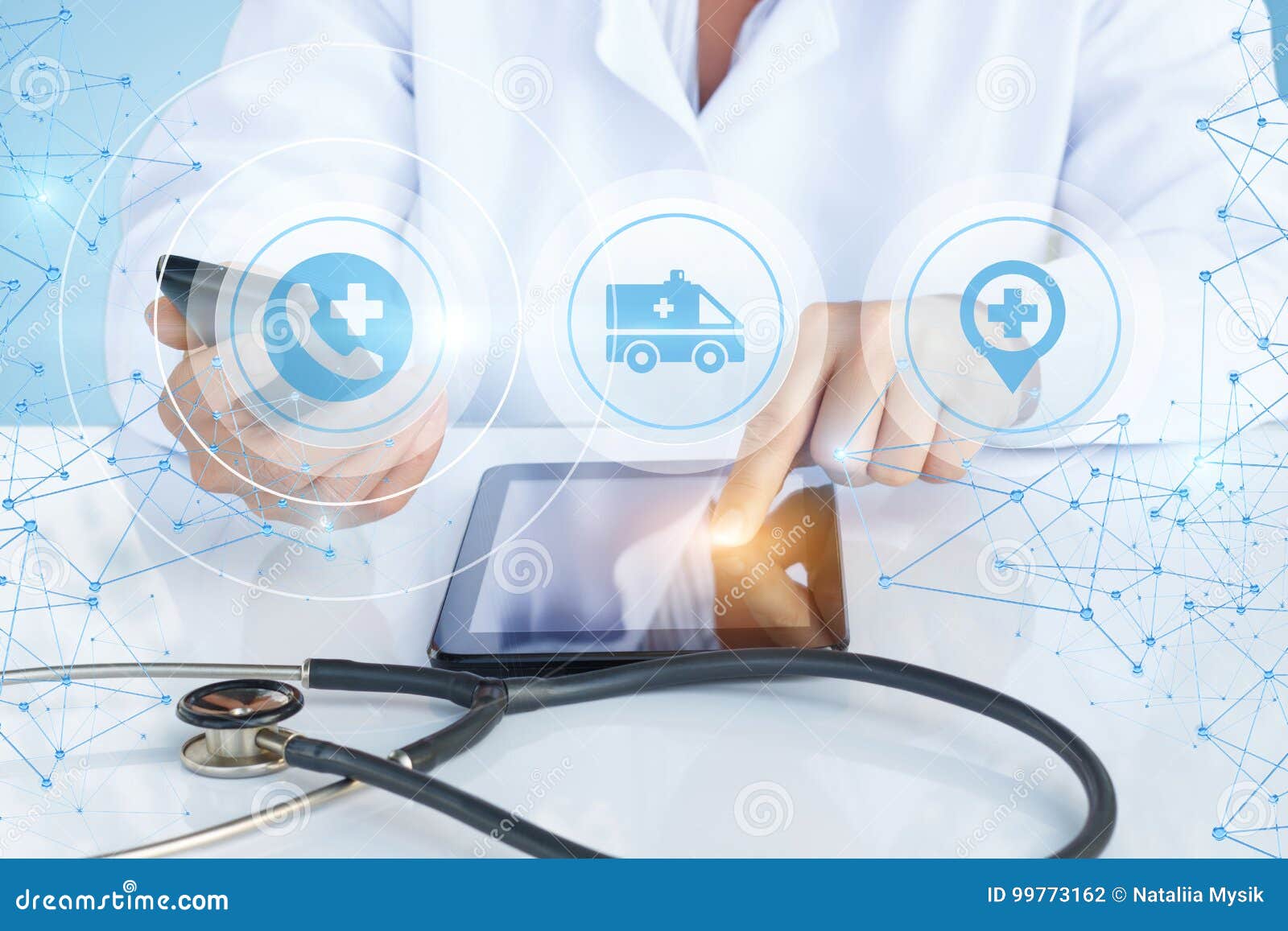 Button Ambulance Doctor Shows on Your Tablet . Stock Photo - Image of ...
