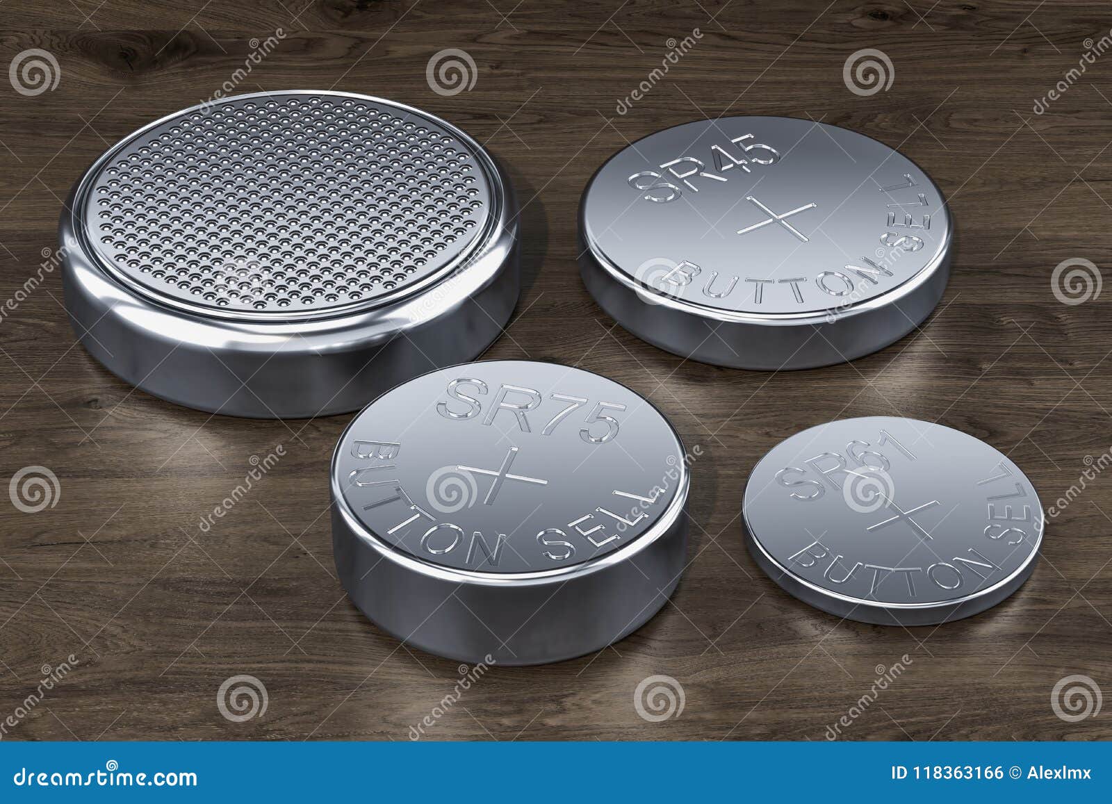 Button Cells on the Wooden Table, 3D Rendering Stock Illustration ...