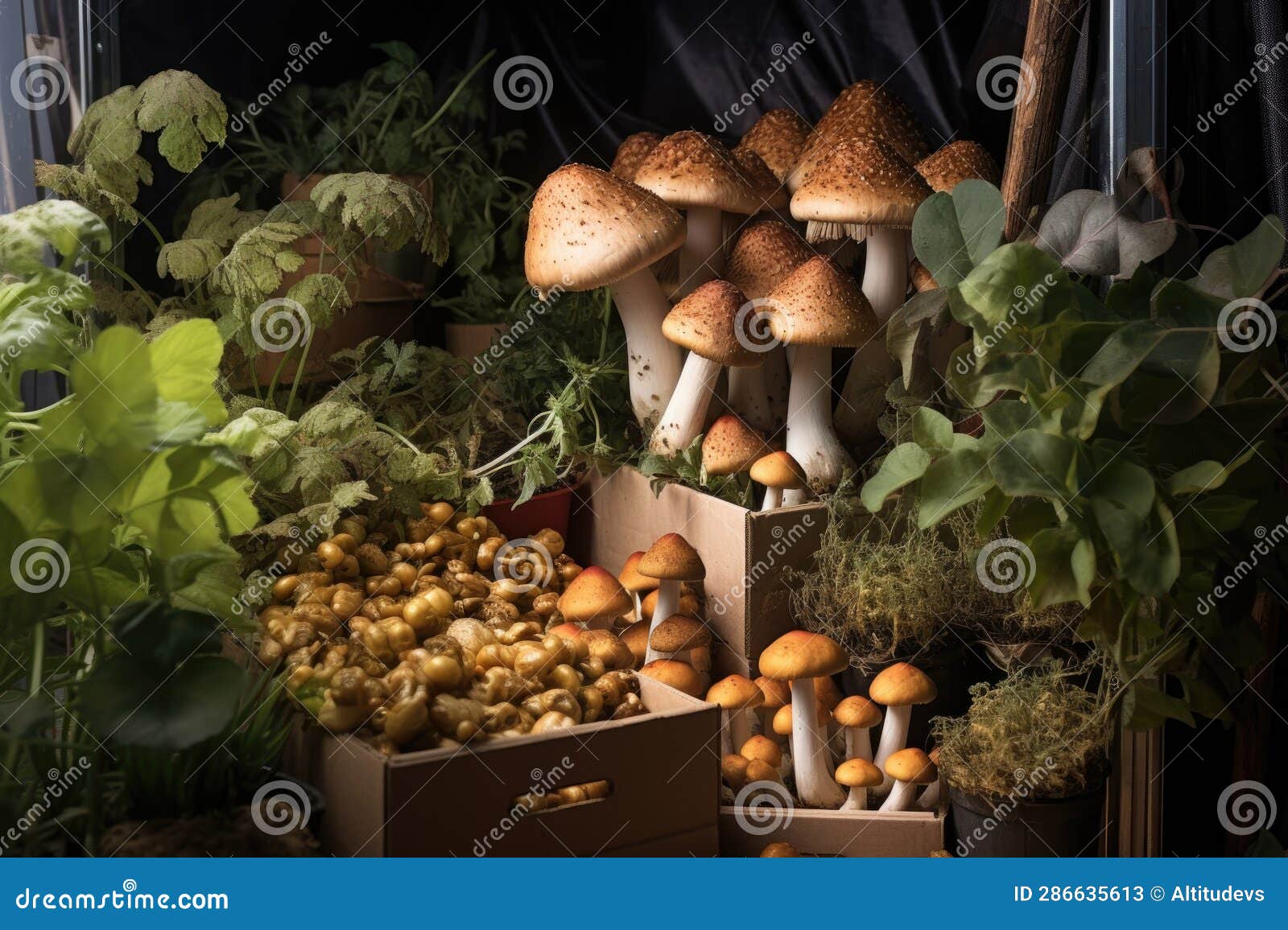 Button Mushrooms Thriving in a Diy Cardboard Box Setup Stock Image ...