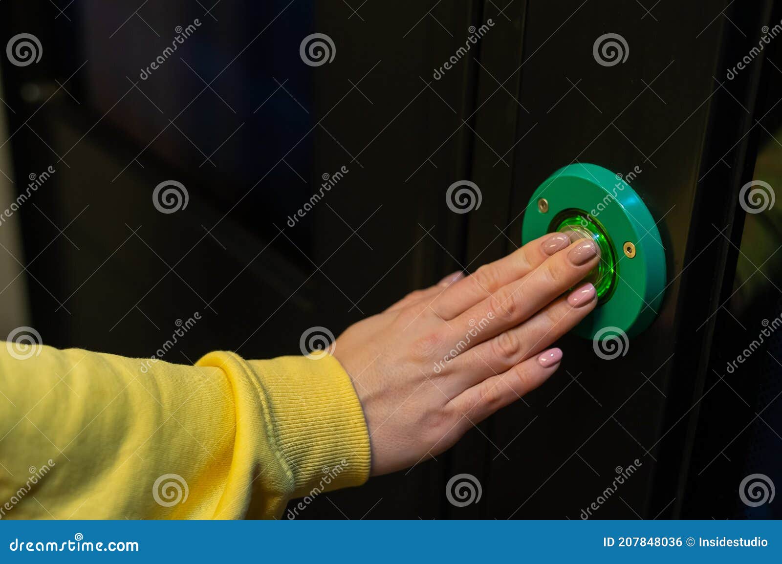 Button for Opening Doors on the Train. Close-up of Female Hands on the ...