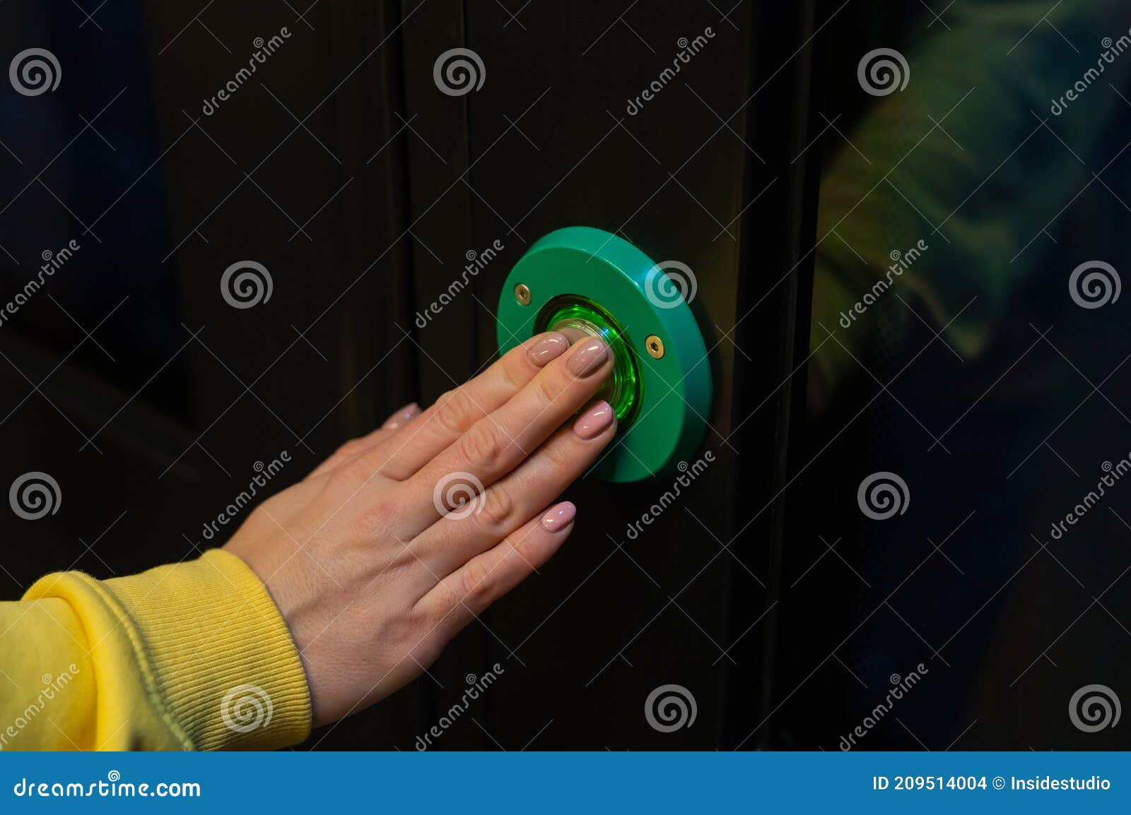 Button for Opening Doors on the Train. Close-up of Female Hands on the ...