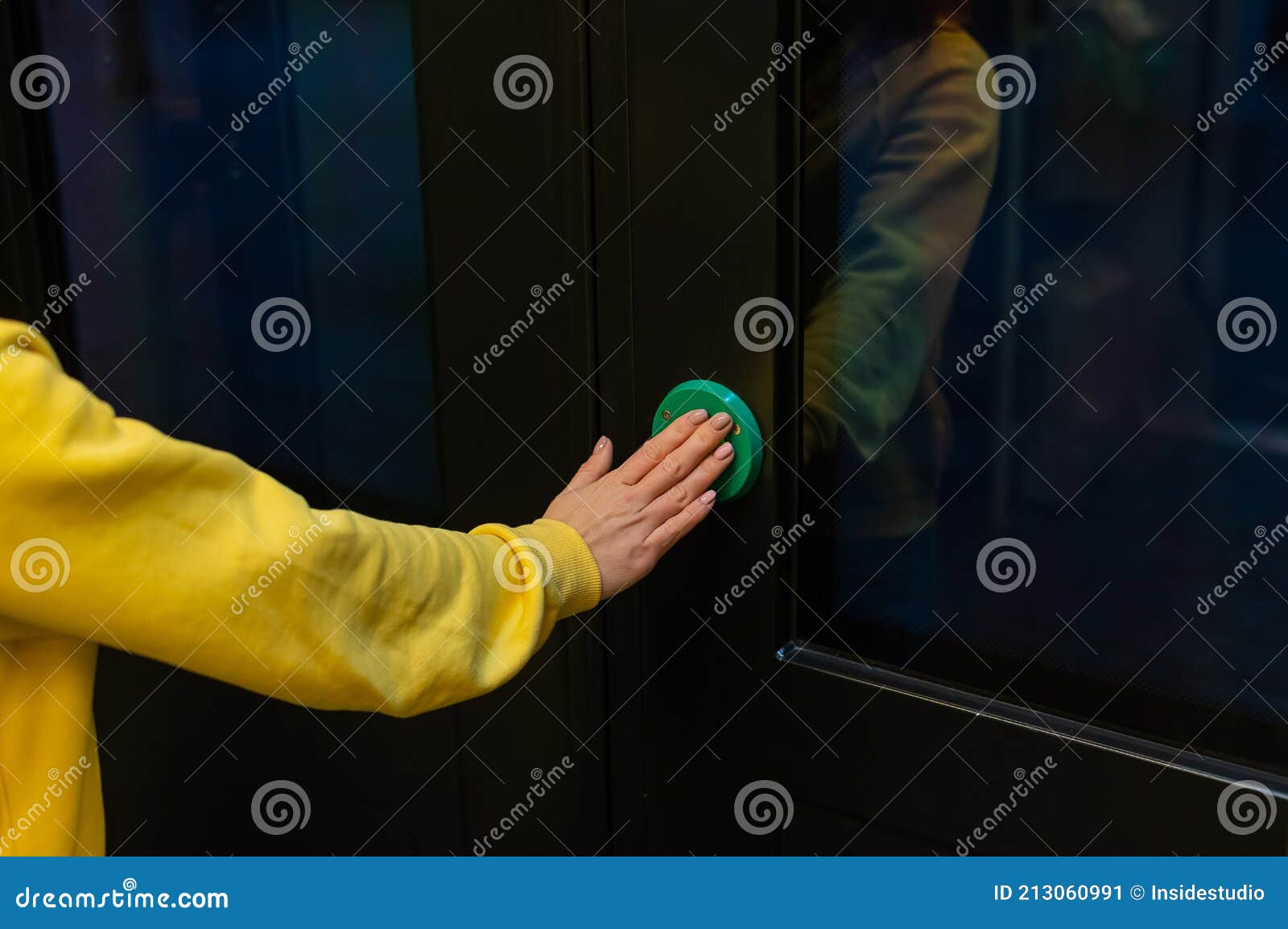 Button for Opening Doors on the Train. Close-up of Female Hands on the ...