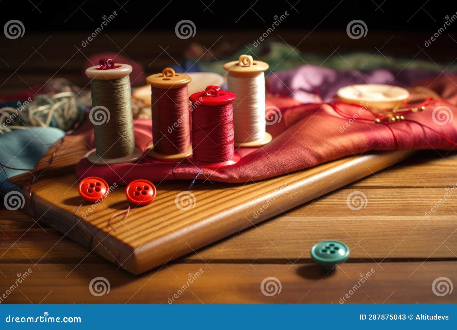 Button and Thread on a Wooden Sewing Table Background Stock Image ...
