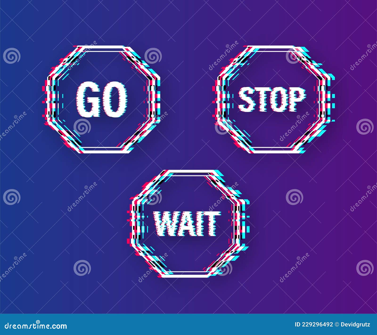 Button on White Backdrop. Go, Wait, Stop Glitch Set Signs. Vector ...