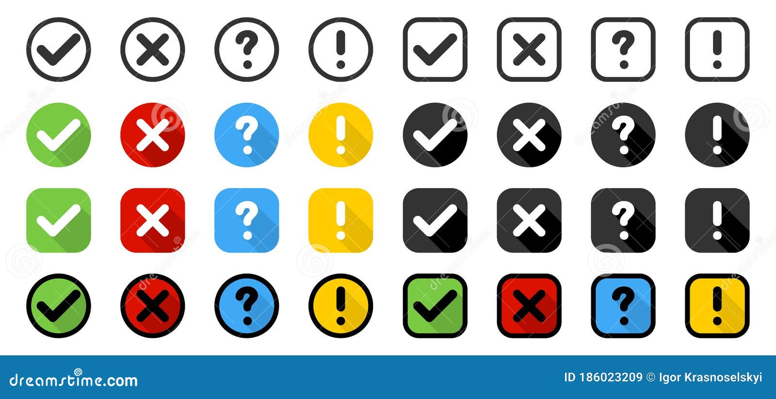 Buttons. Check Mark and Cross with Question and Exclamation Signs ...