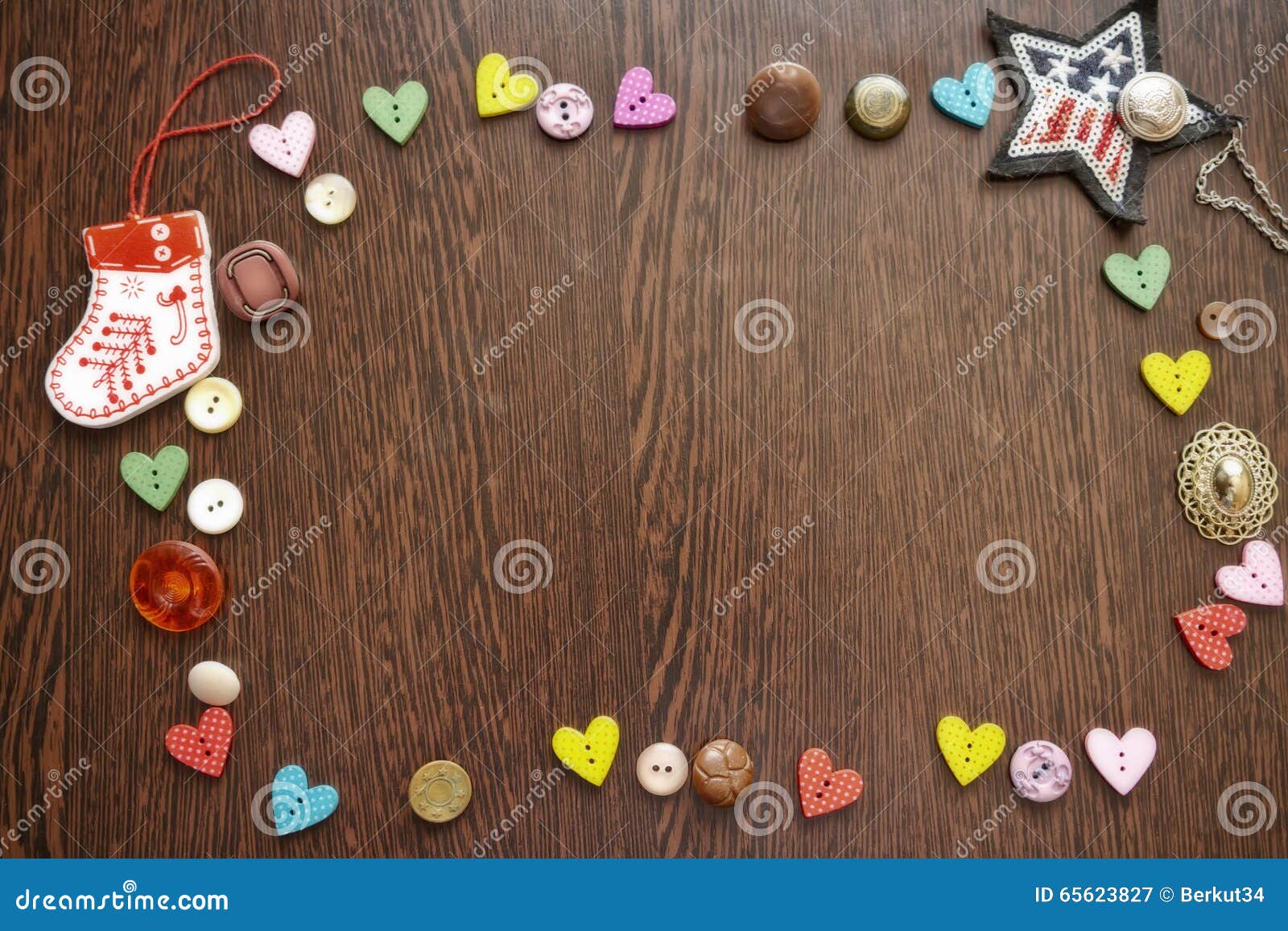 Buttons and Decorative Items Laid Out on Wooden Table in Form of Stock ...