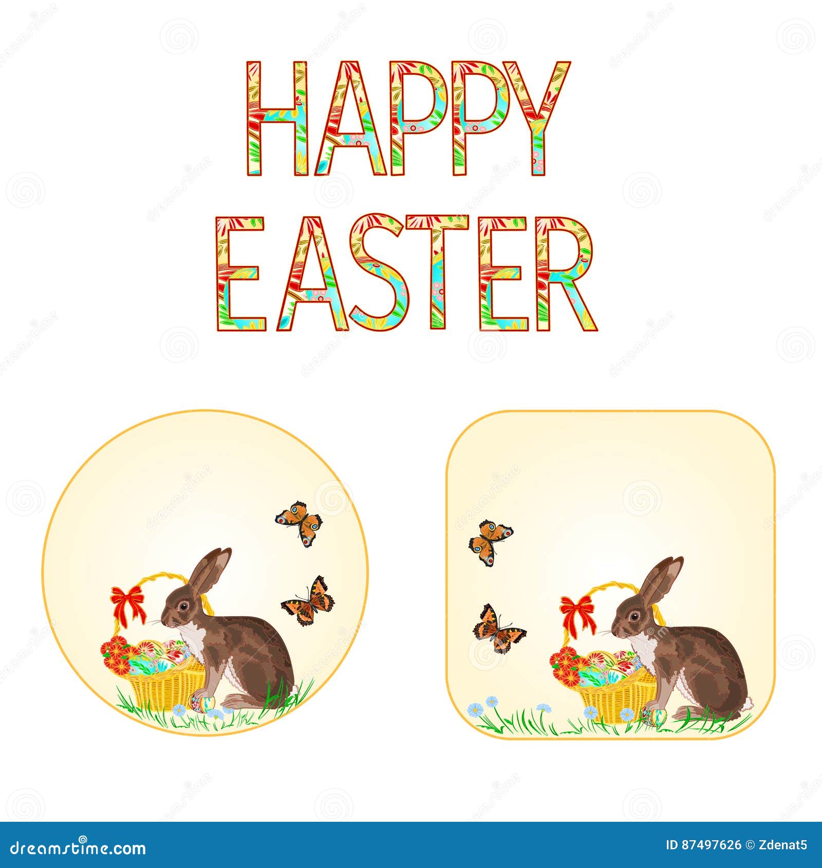 Buttons Happy Easter Bunny and Basket with Easter Eggs and Butterfly Vector Stock Vector ...