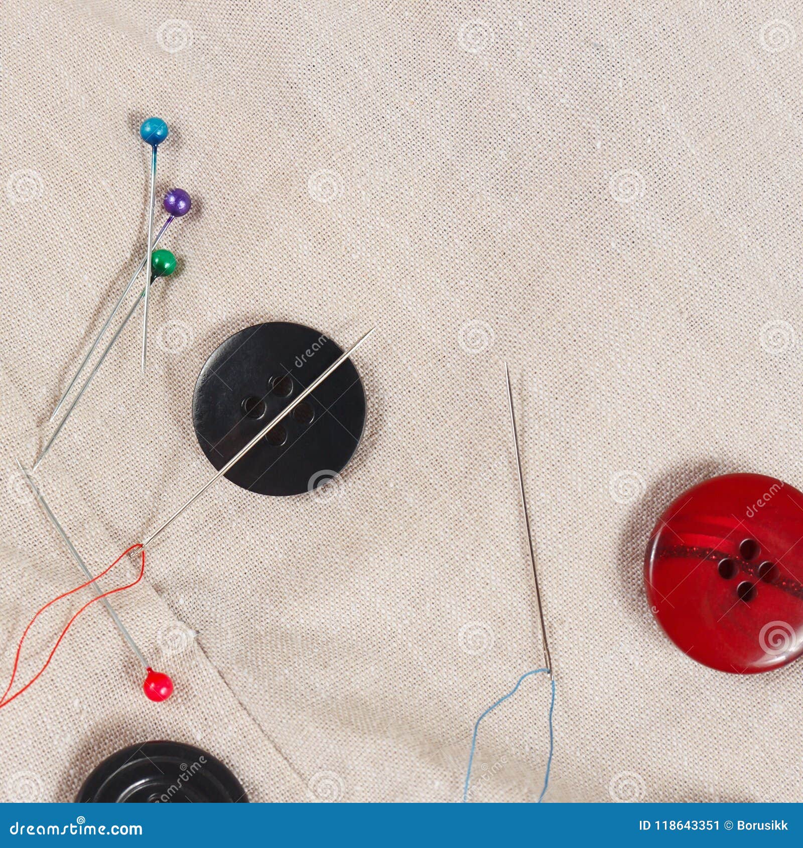 Buttons, Pins and Needles with Threads on Cotton Closeup Stock Image ...