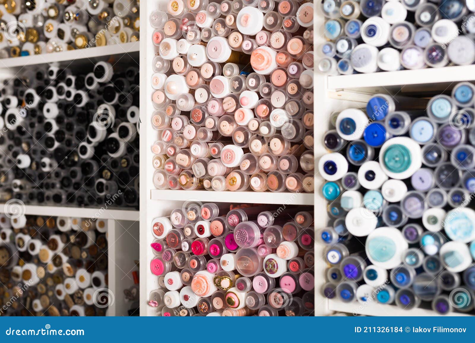 Buttons in Plastic Containers in Store Stock Photo - Image of ...