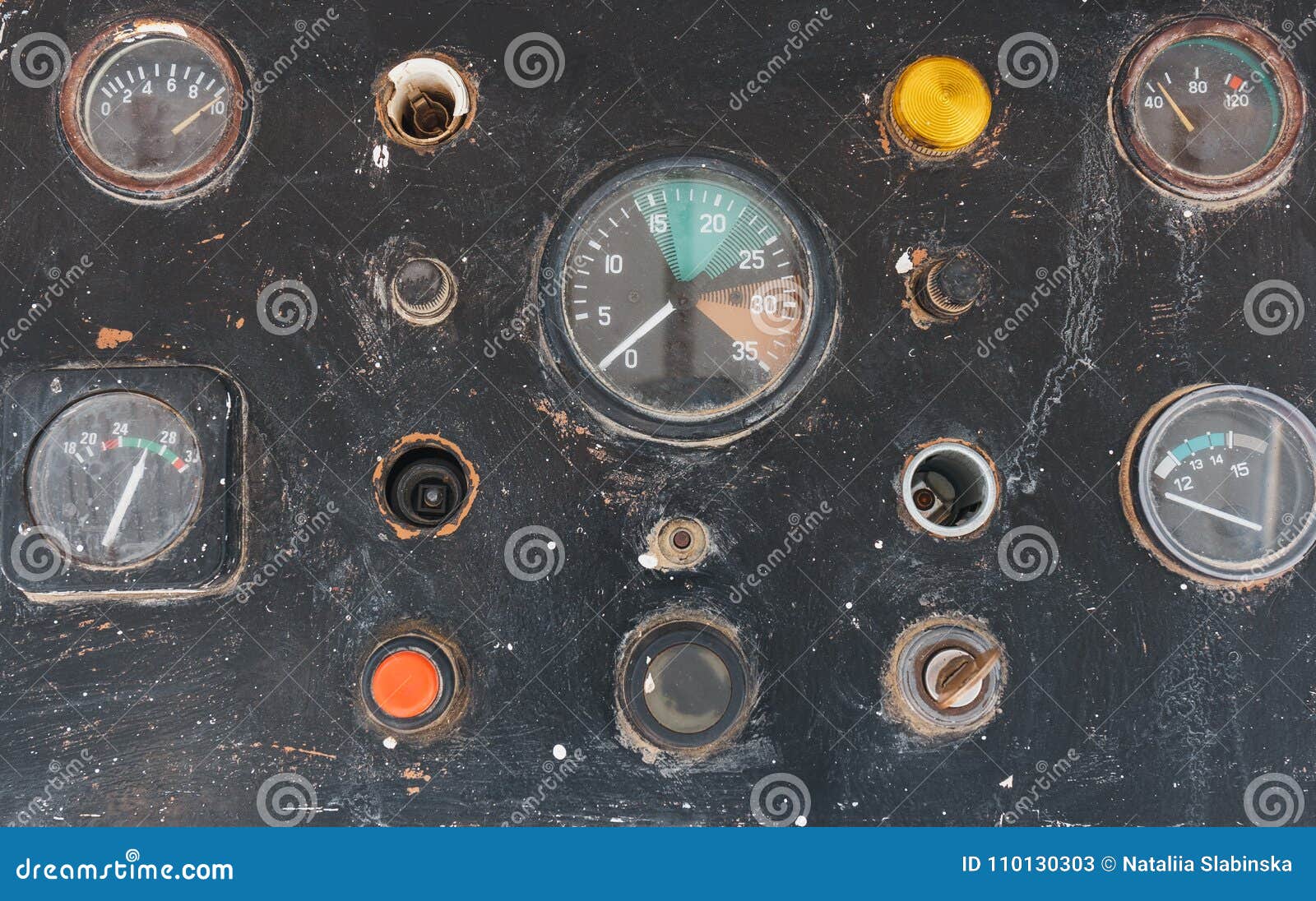 Buttons and Sensors on the Old Control Dashboard on a Yacht. Stock ...