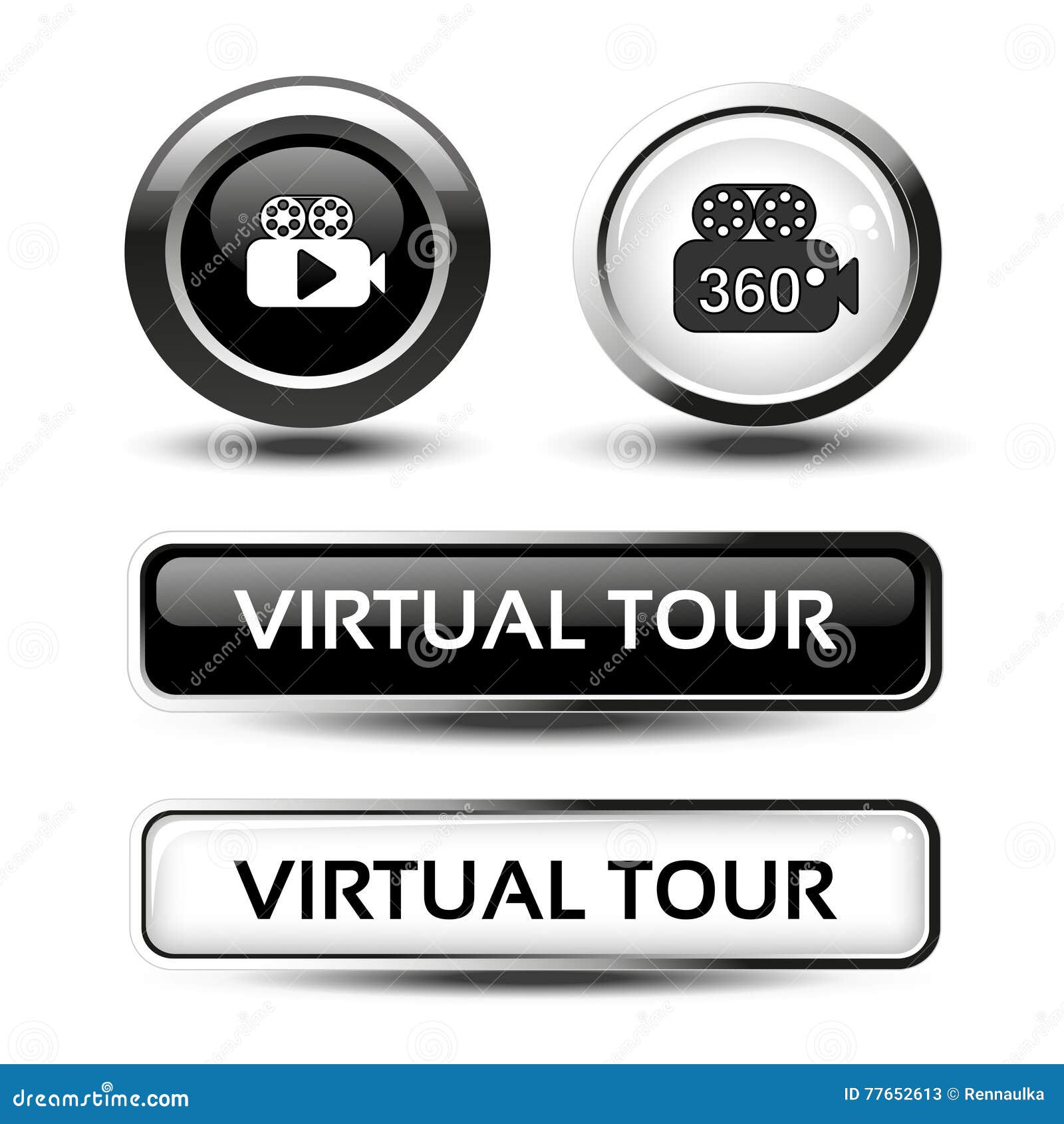 Buttons for Virtual Tour, Black and White Circular Labels with Camera ...