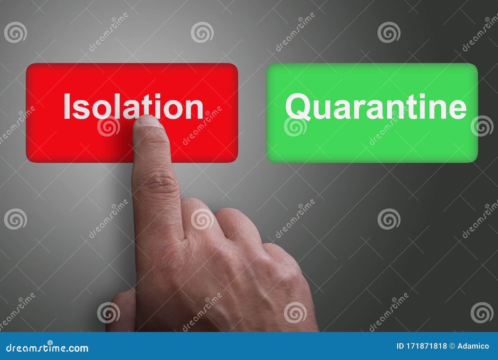 Buttons with Written Isolation and Quarantine and Pointing Finger, on a ...
