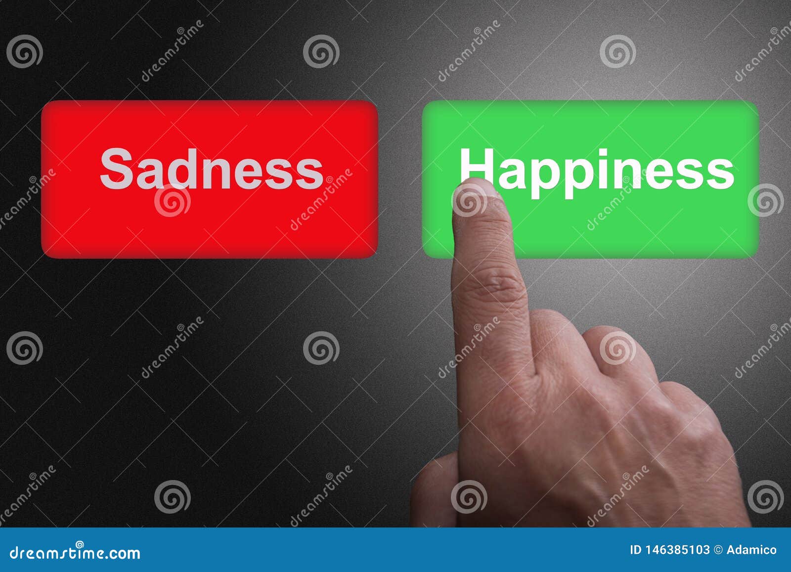 Buttons With Written Sadness And Happiness And Pointing Finger, On A ...