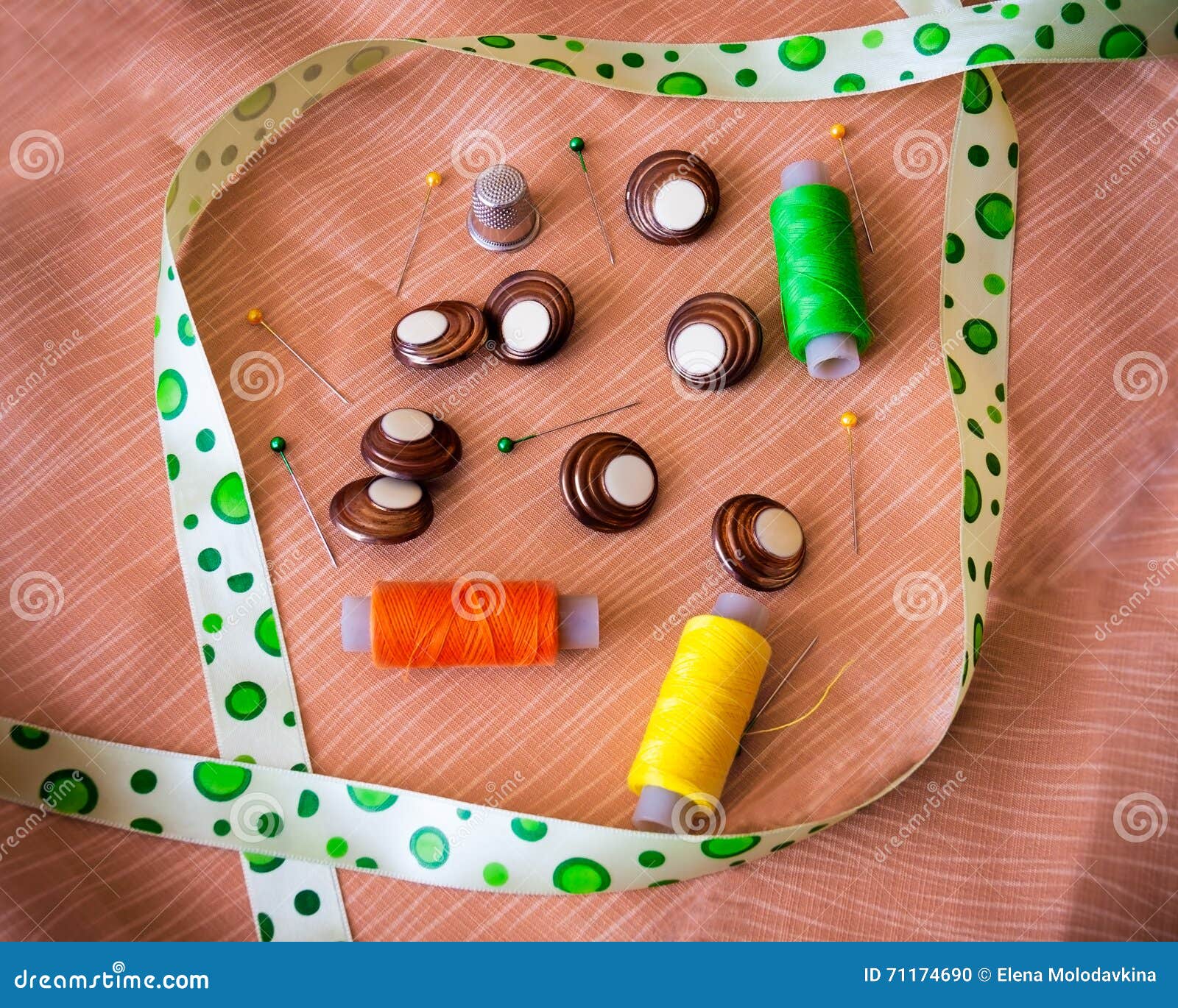 Buttons with Yellow-green Ribbon and Spools with Thread Stock ...