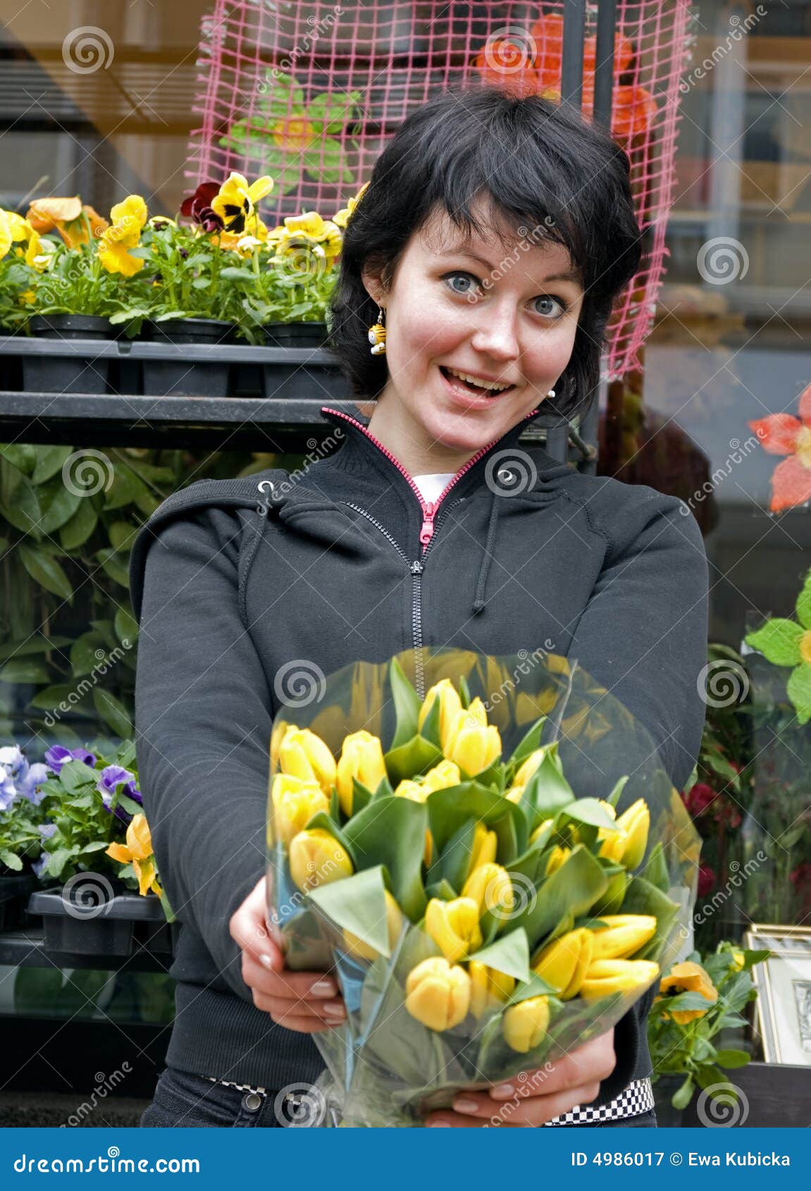Buy my flowers stock image. Image of young, woman, flower - 4986017