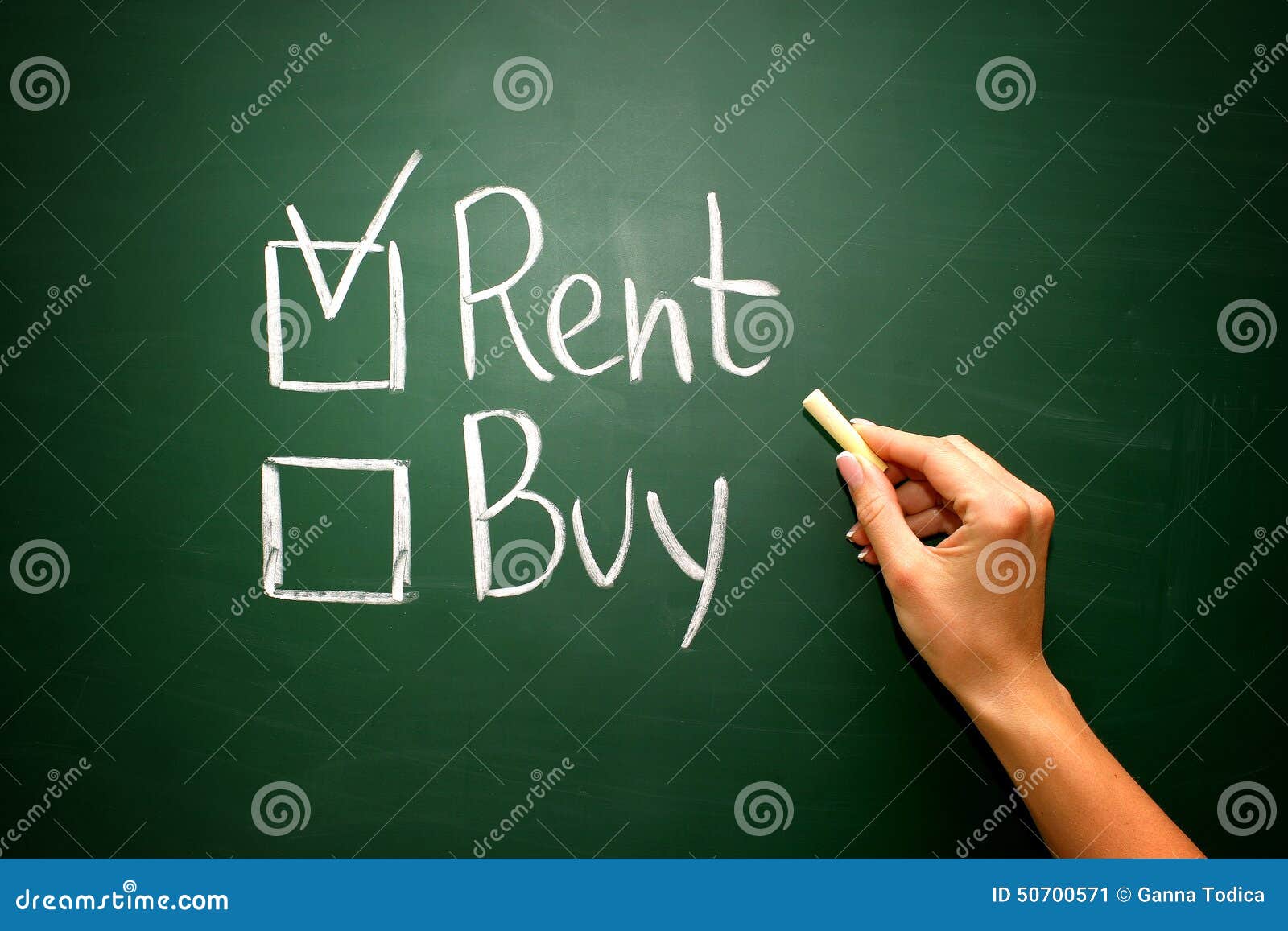 Buy Not Rent Concept on Green Blackboard Stock Image - Image of holding ...