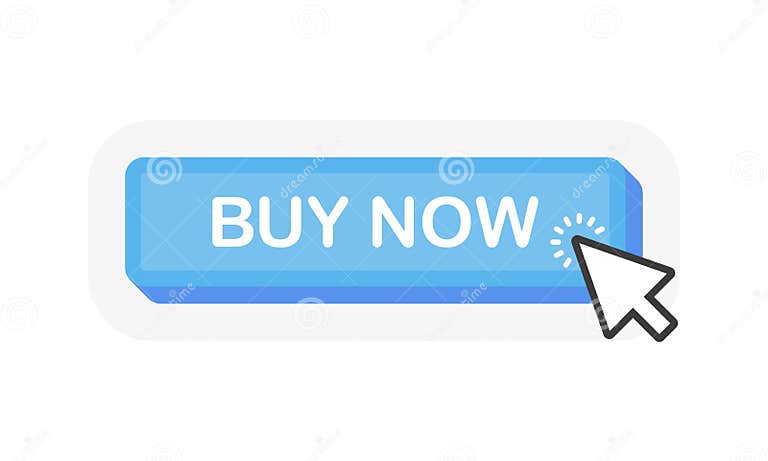 BUY NOW Blue 3D Button with Mouse Pointer Clicking. White Background ...