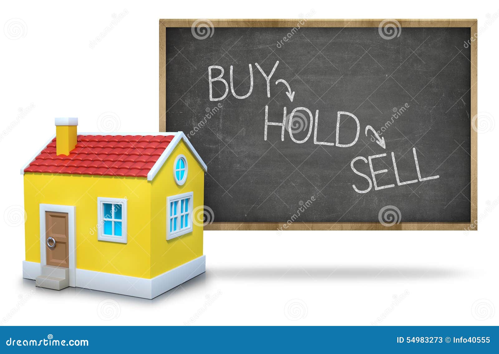 Buy Vs Hold Vs Sell on Blackboard with 3d House Stock Illustration ...