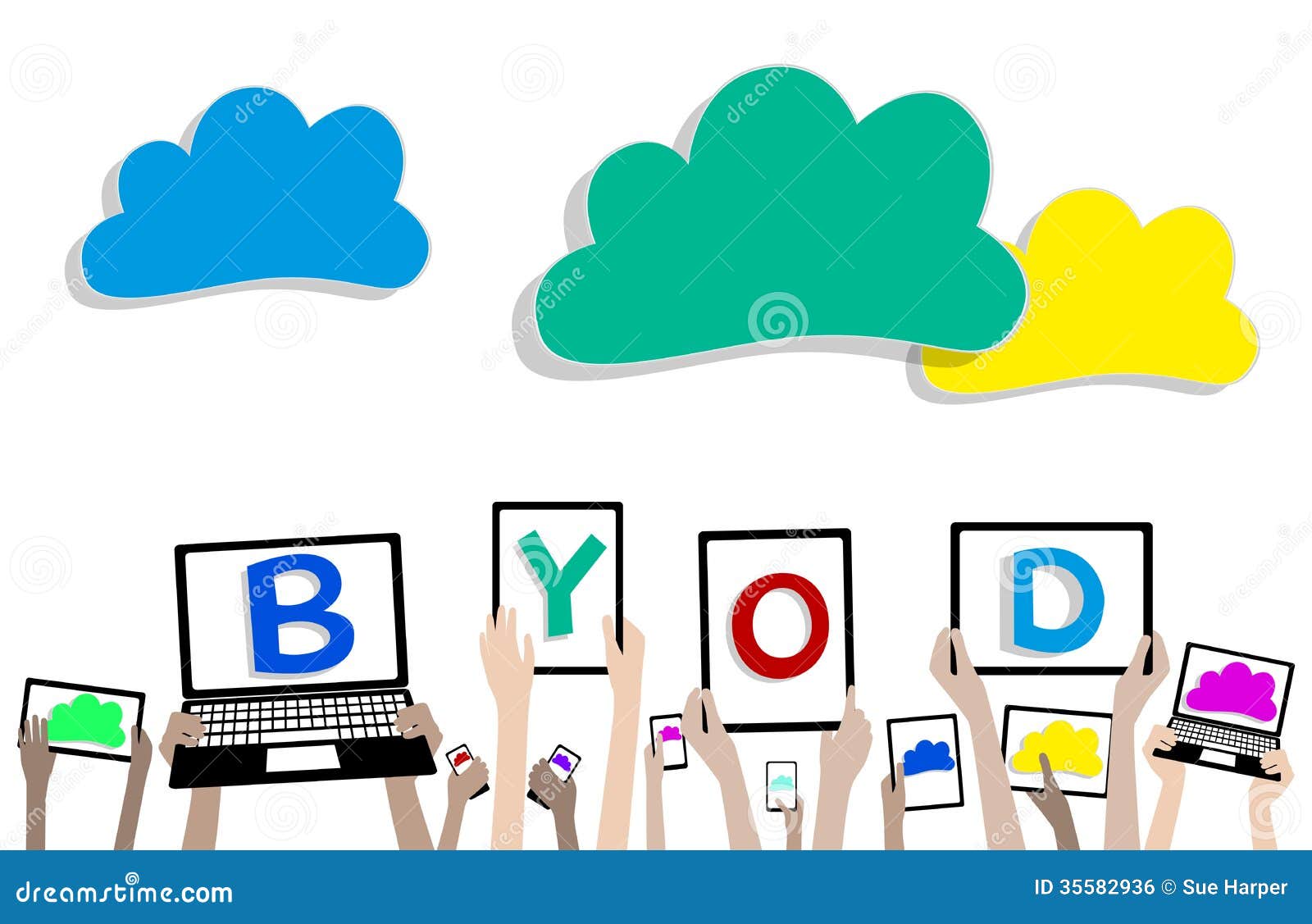 BYOD Bring Your Own Device Children Hands and Clou Stock Vector ...