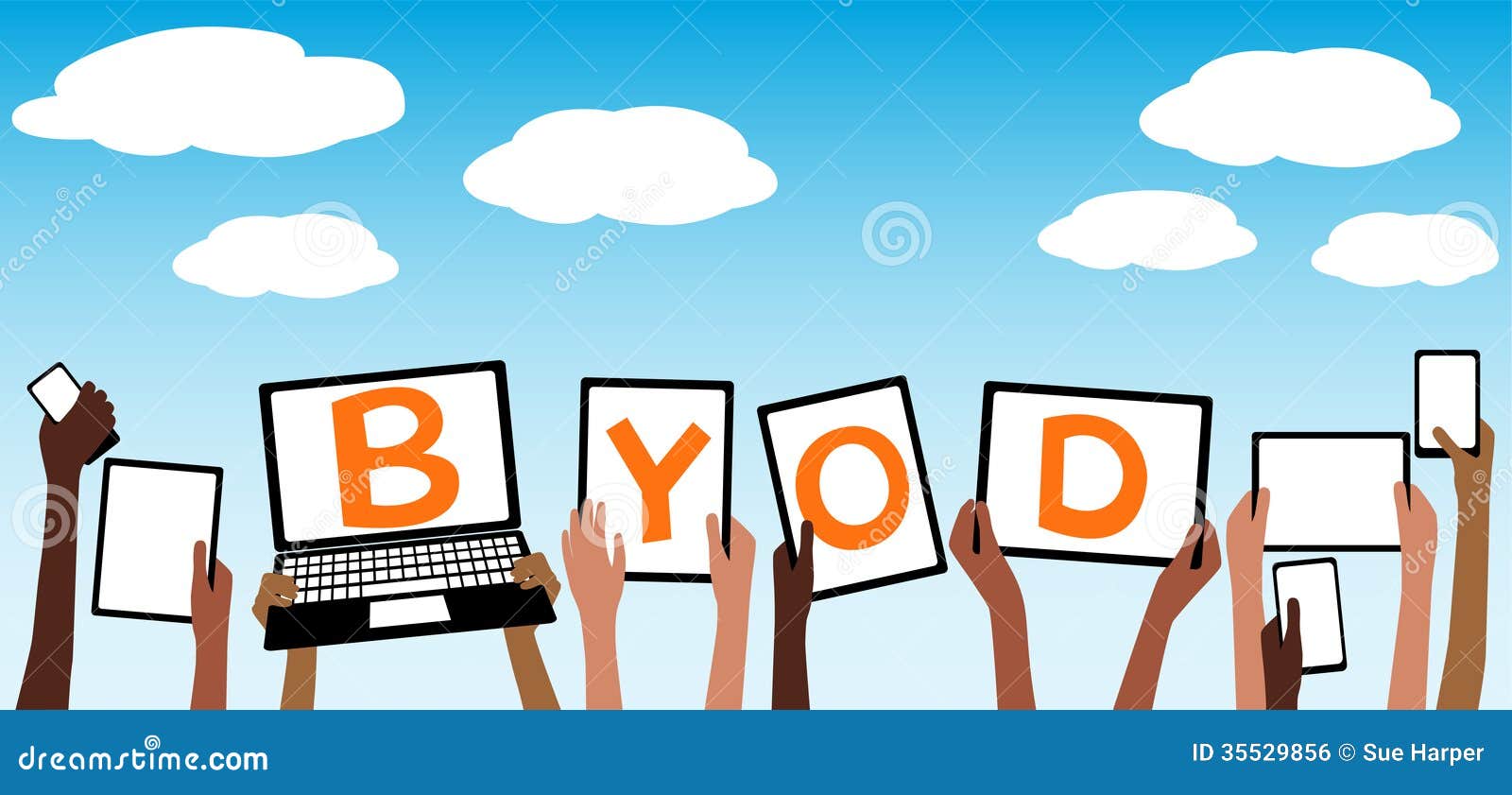BYOD Bring Your Own Device Tablet in Hands Blue Sk Stock Vector ...