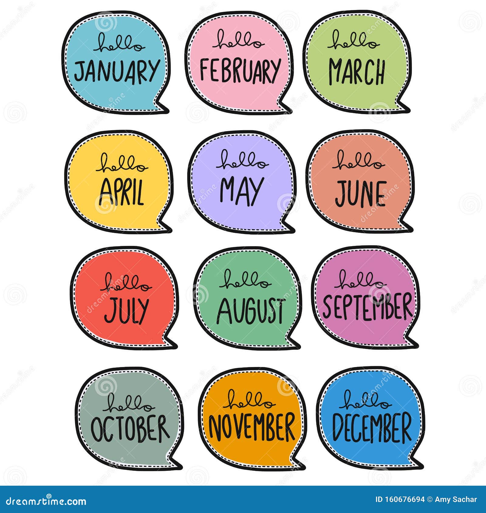 12 Month Cute Handwriting in Colorful Word Bubble Cartoon Illustration ...