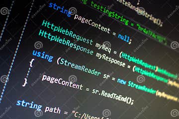 C sharp code on a screen stock photo. Image of closeup - 119135182