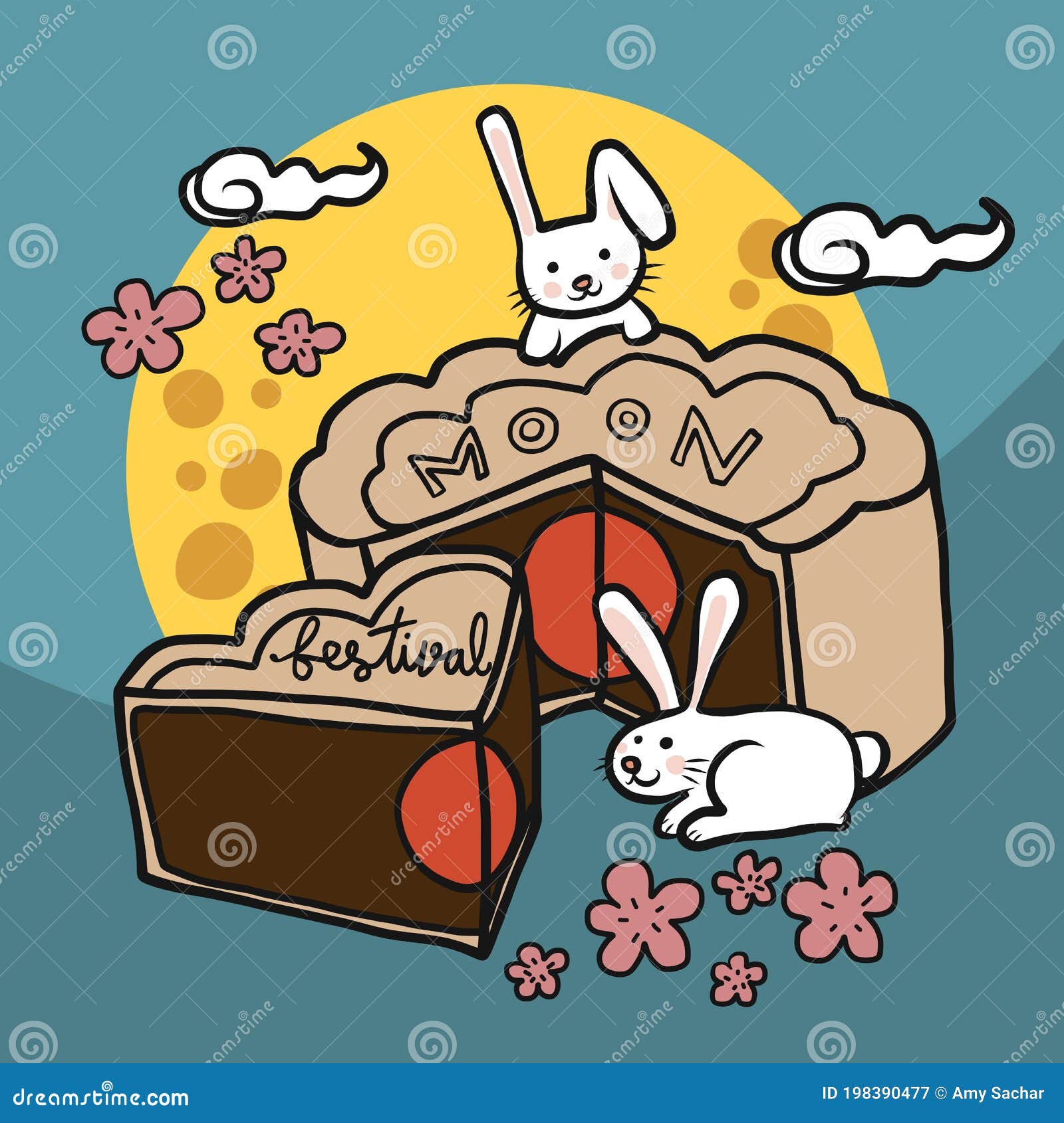 Mooncake Festival, Rabbits Play on Moon Cake and Full Moon Cartoon ...