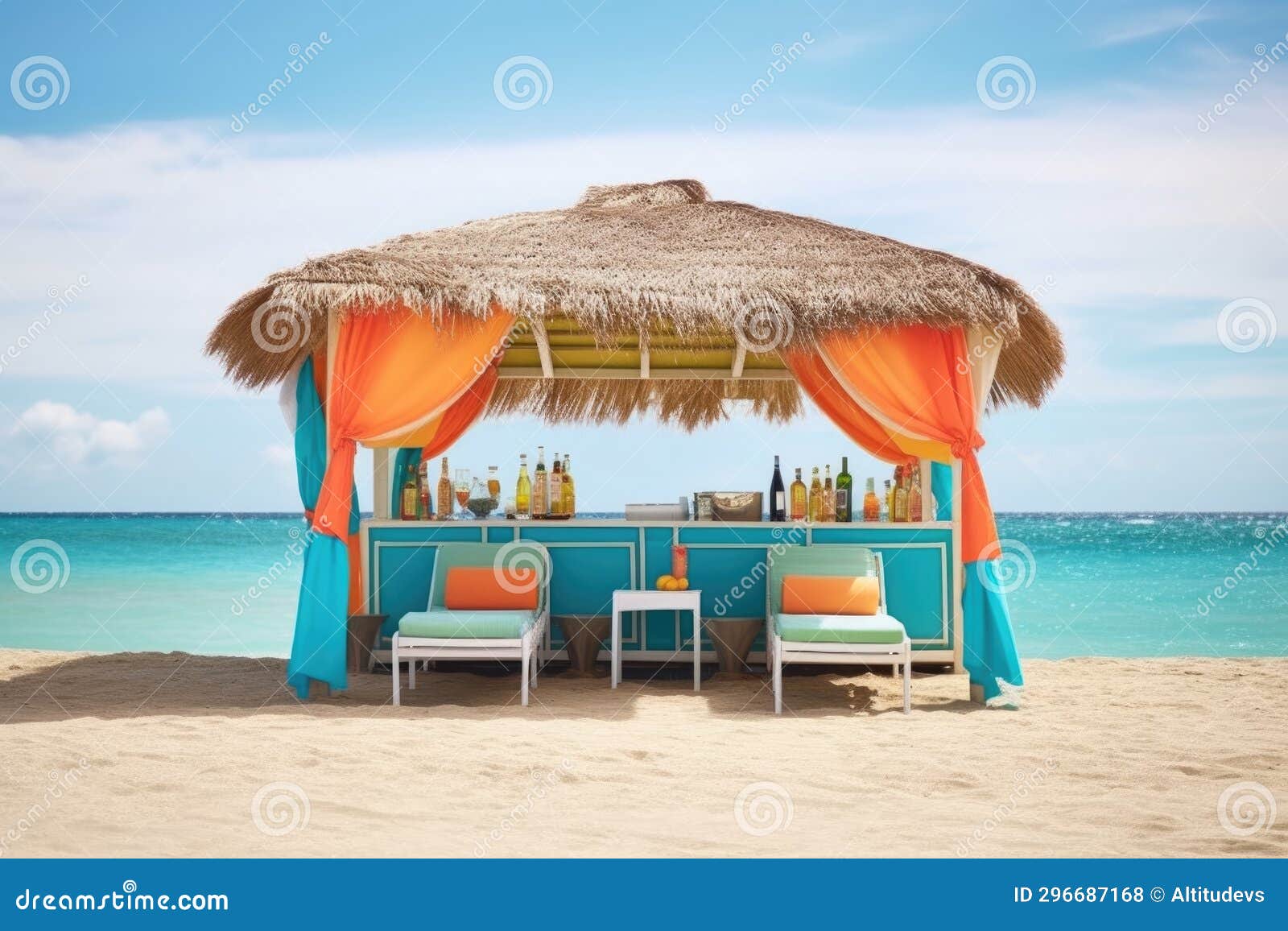 Cabana on Beach with Lounge Chairs and Drinks Stock Photo - Image of ...