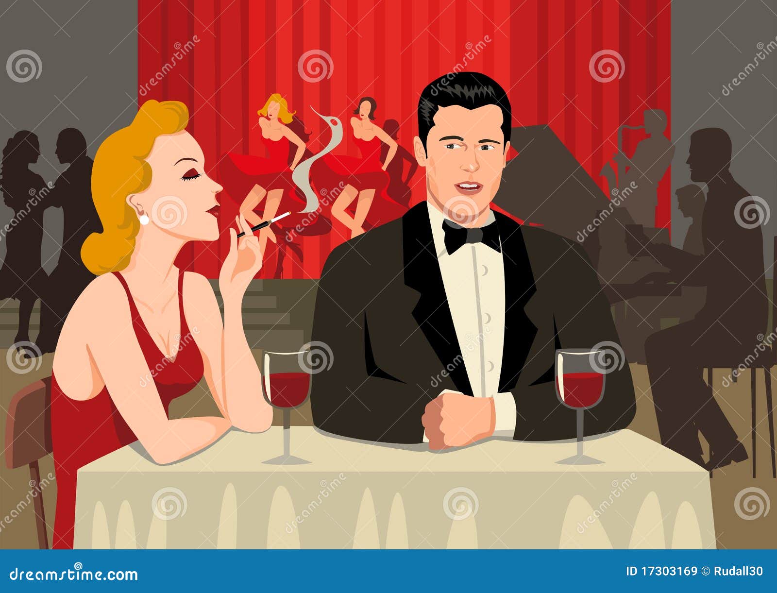 Cabaret Show. Women Dance In A Cabaret On The Stage While Men Stand ...