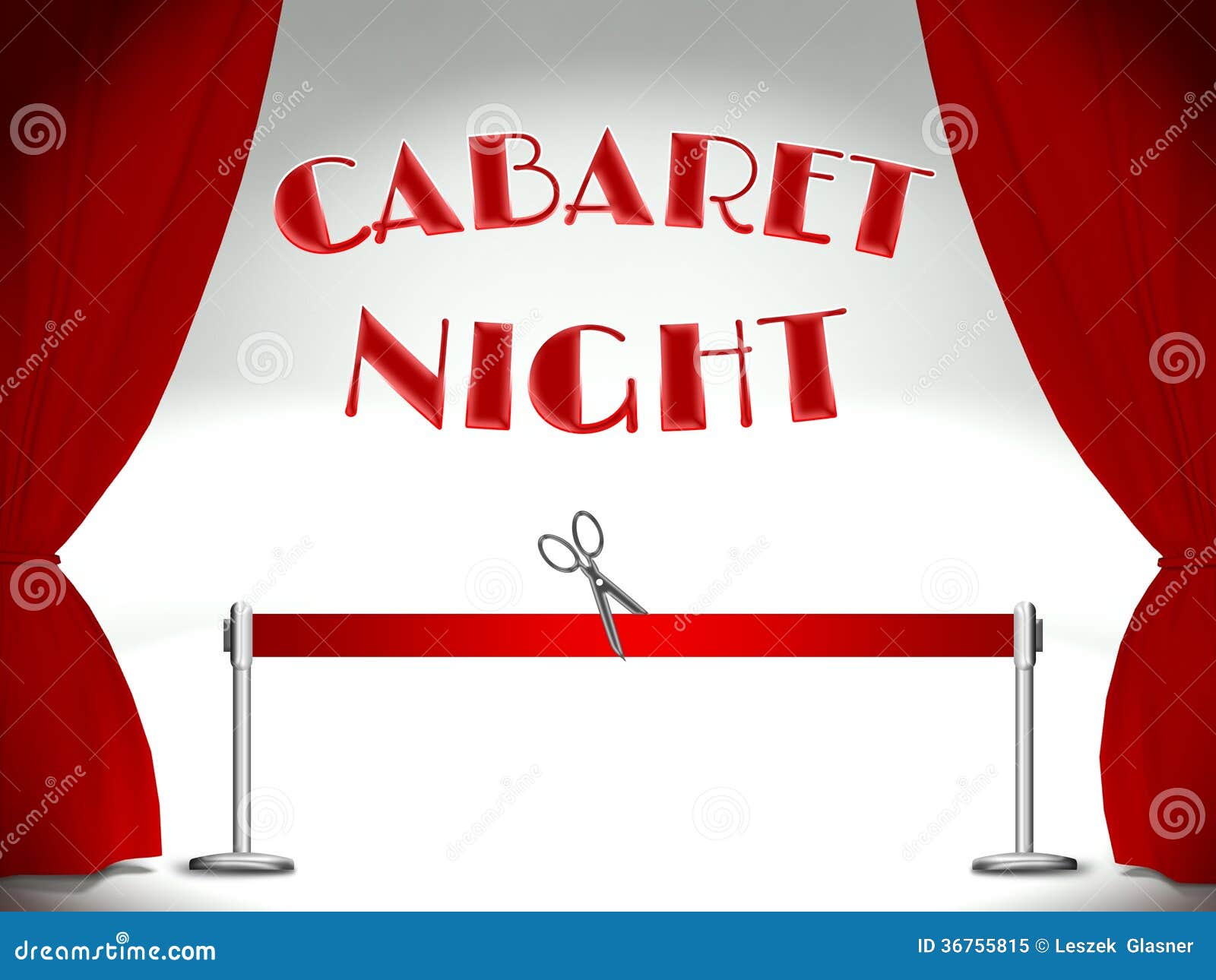 Cabaret on Stage, Red Ribbon and Scissors Stock Illustration ...