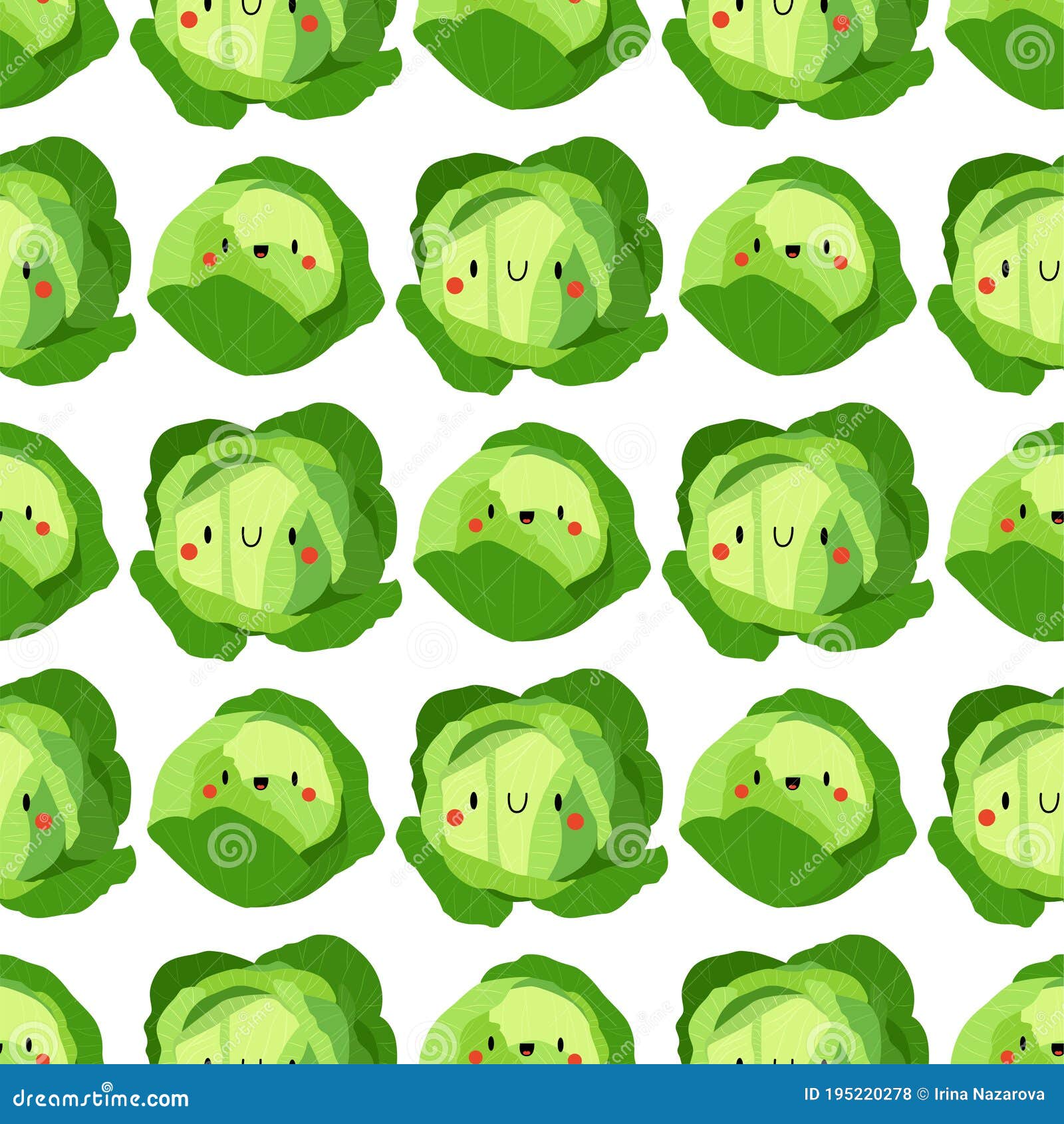 Kawaii Cartoon Cabbage. Seamless Vector Patterns Stock Vector ...
