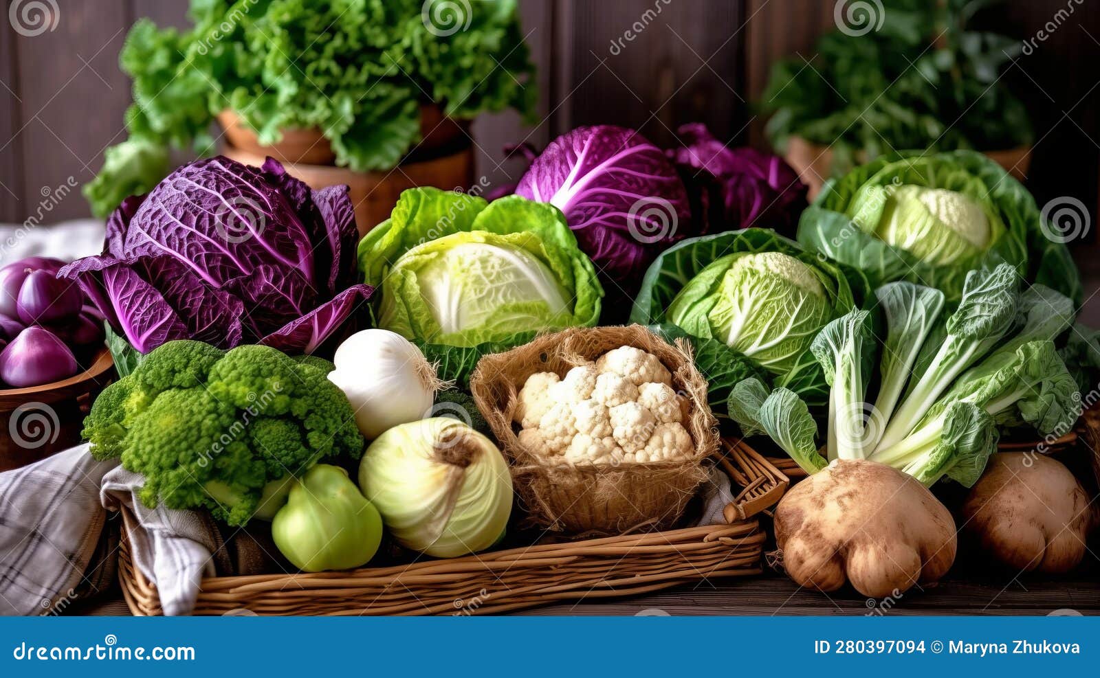 Cabbage of Different Varieties and Types, Flatlay Vegetables, a Banner ...