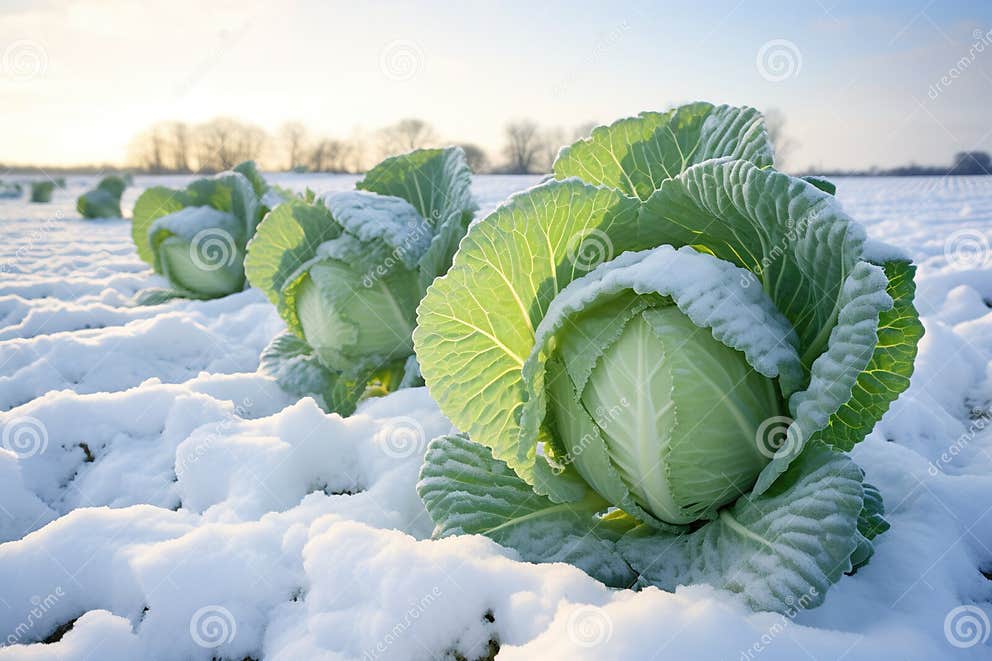 Cabbage Field Under Snow. Generative AI Stock Illustration ...