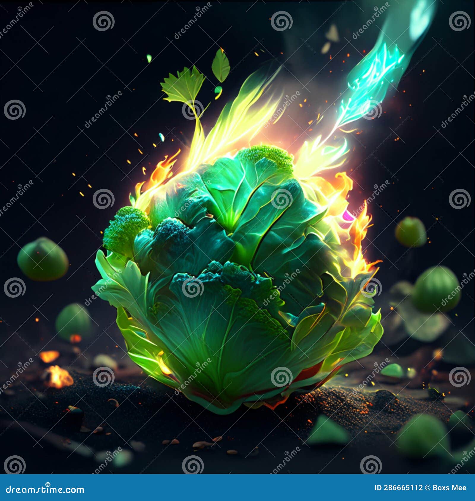 Cabbage with Fire and Smoke on a Dark Background. 3d Illustration ...