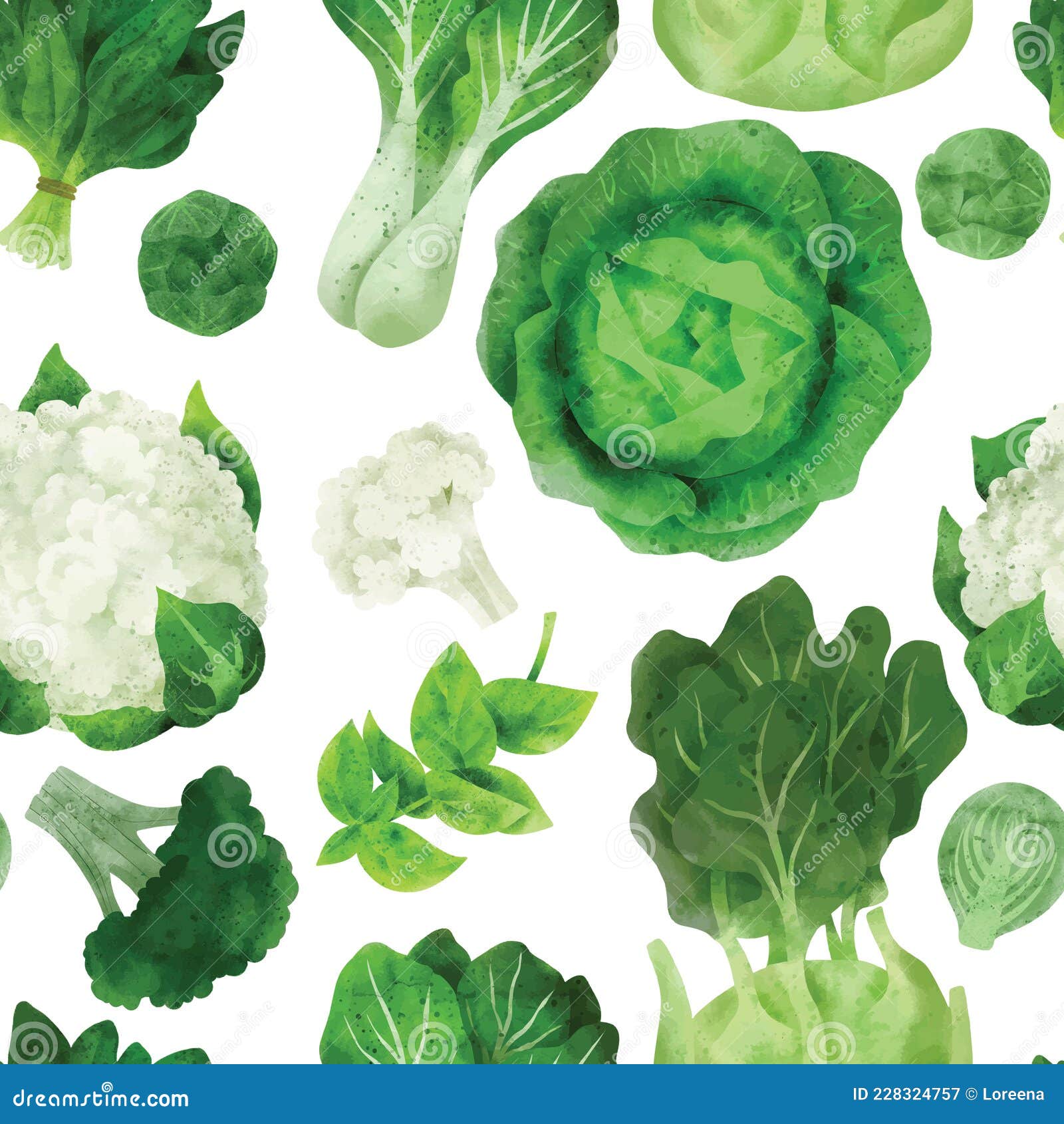 Cabbage and Green Veggies, Seamless Pattern, Hand Drawn Stock Vector ...