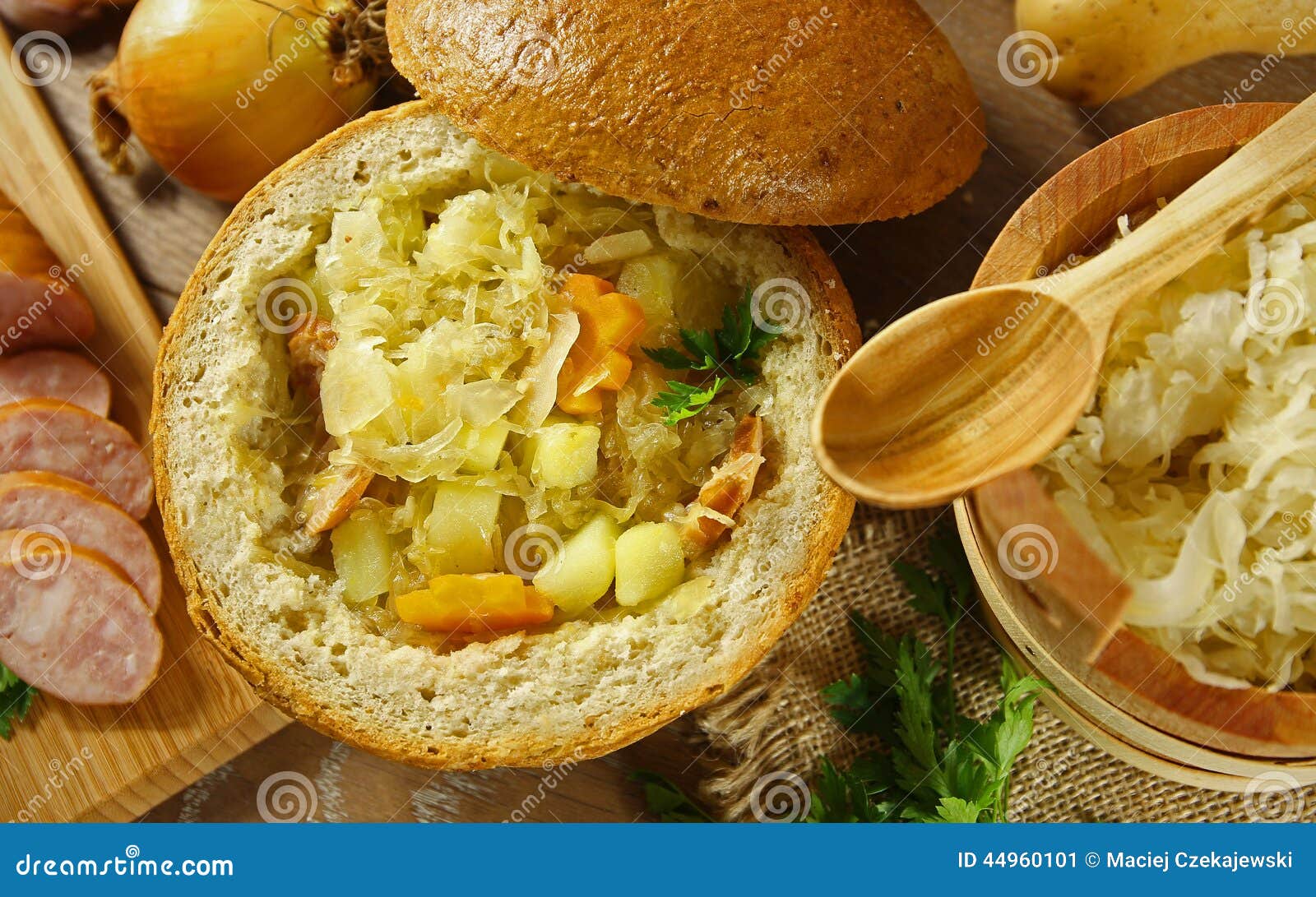 Cabbage Soup in a Loaf of Bread Stock Image - Image of sausage ...