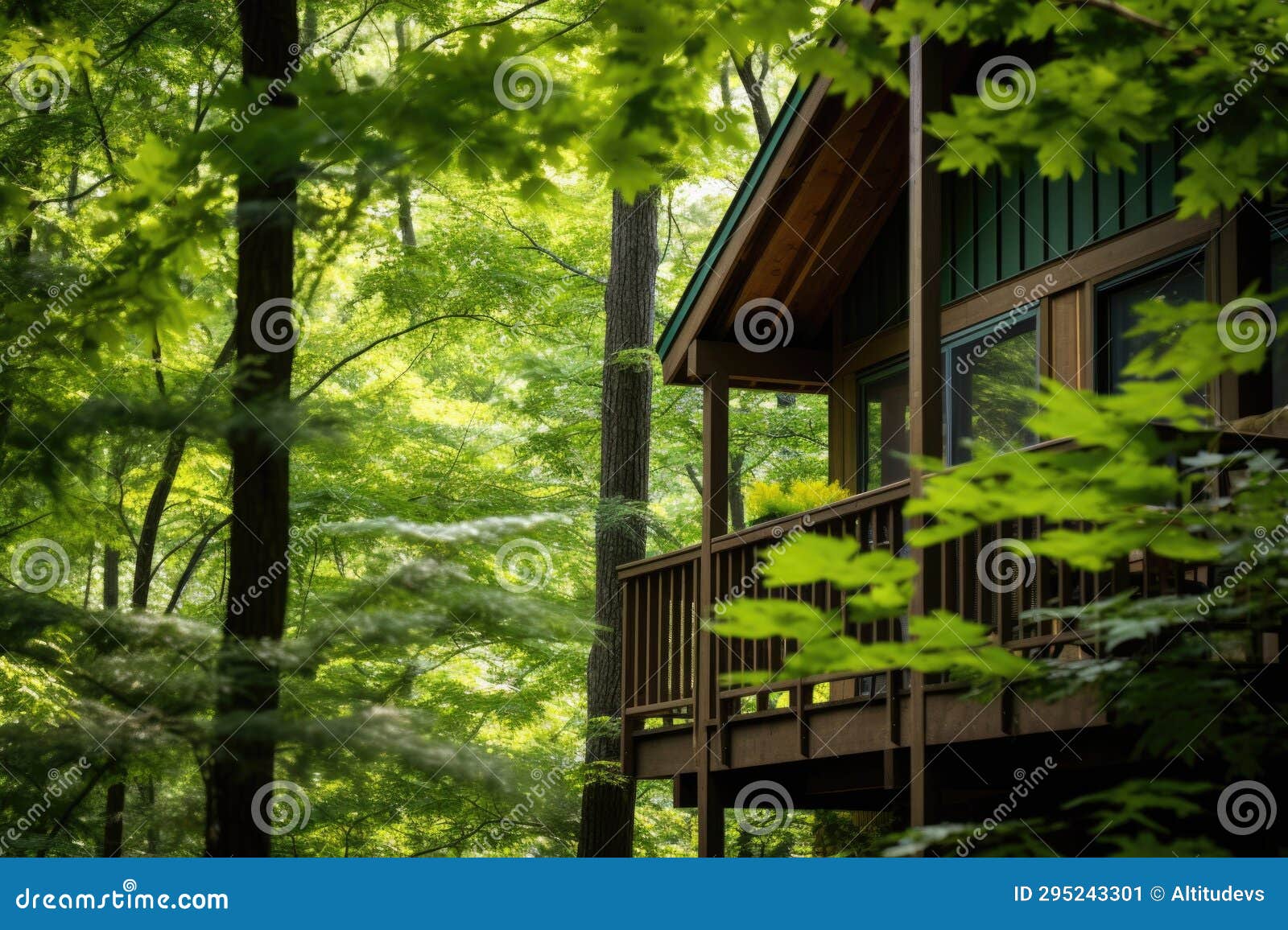 Cabin with Balcony Viewed through Forest Foliage Stock Image - Image of ...