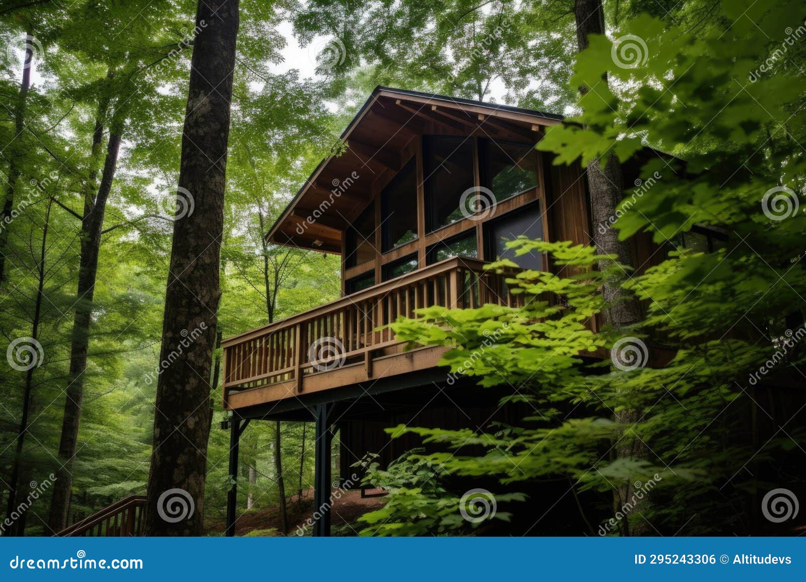 Cabin with Balcony Viewed through Forest Foliage Stock Photo - Image of ...