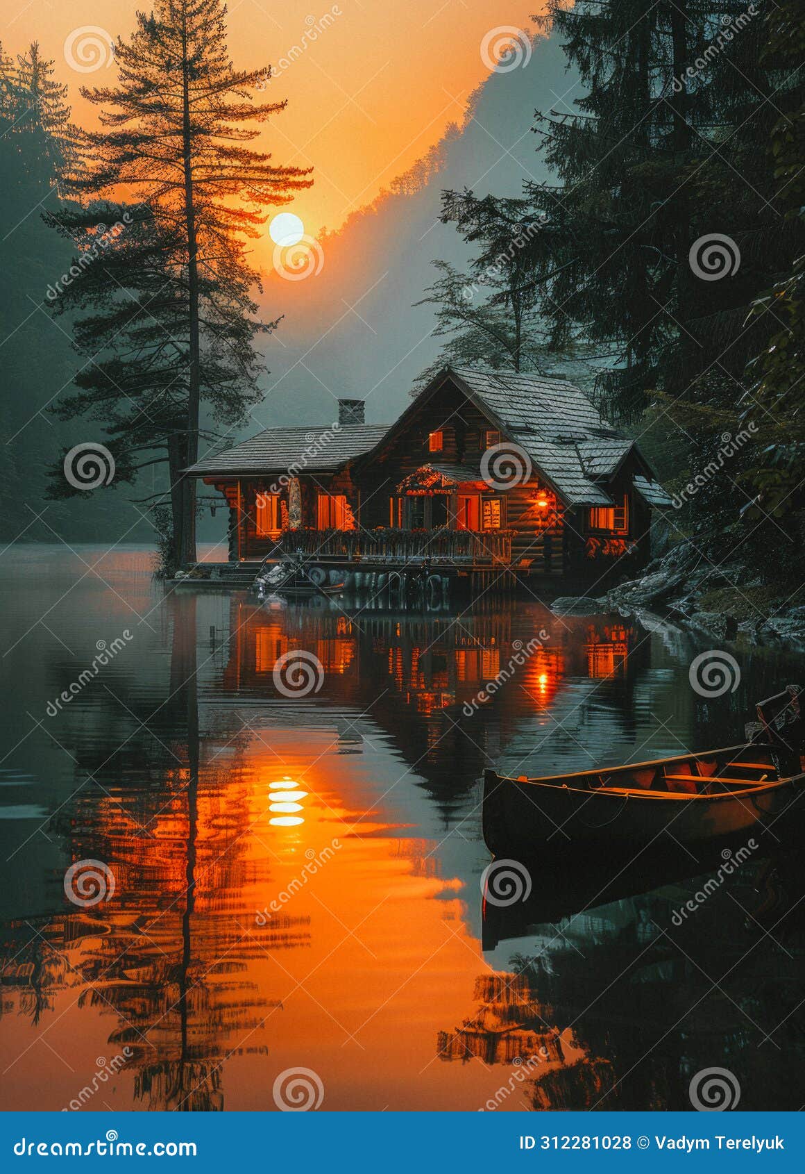 Cabin and Boat on Lake at Sunset Stock Photo - Image of blue, building ...