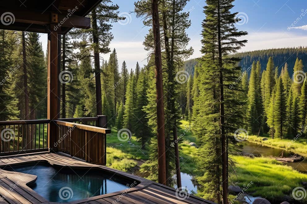 Cabin with a Deck Overlooking a Hot Spring Below Stock Image - Image of ...
