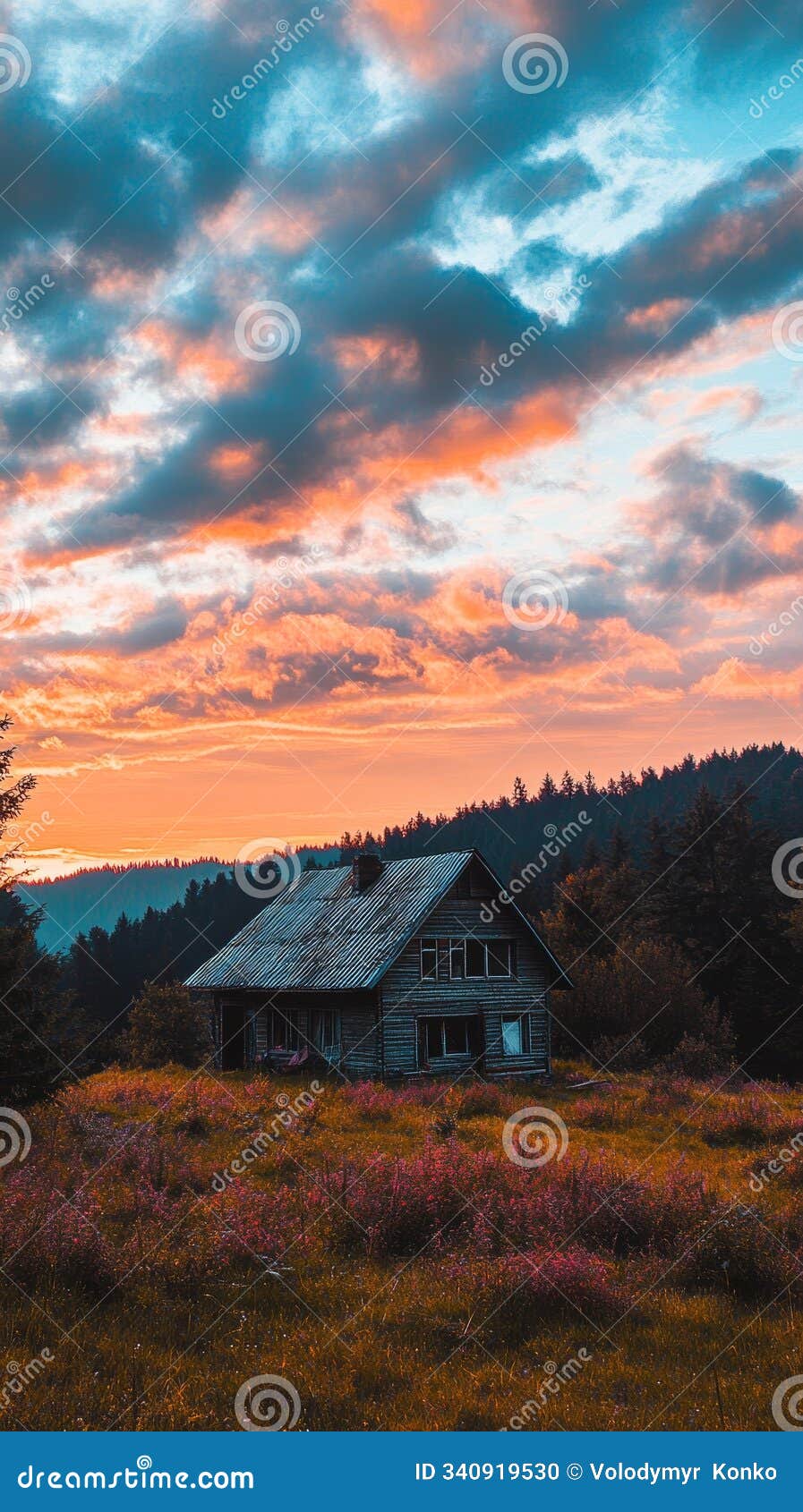 Cabin in the Field at Sunset with Dramatic Sky. Rustic Retreat and ...